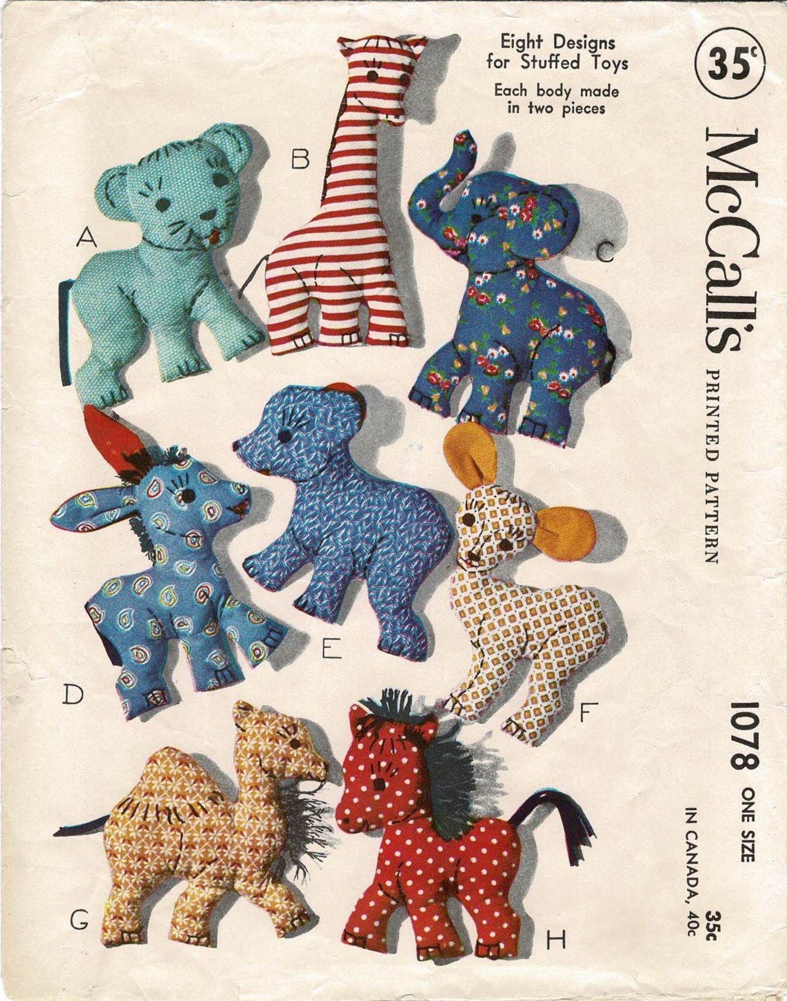 Small Stuffed Animals Sewing Pattern, Vintage Mccall's 1078 11 X 17 ...