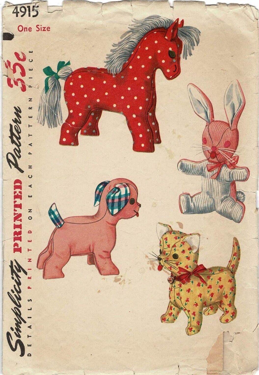 Vintage 1954 Stuffed Animals Pattern: Dog, Cat, Bunny, Pony Simplicity ...