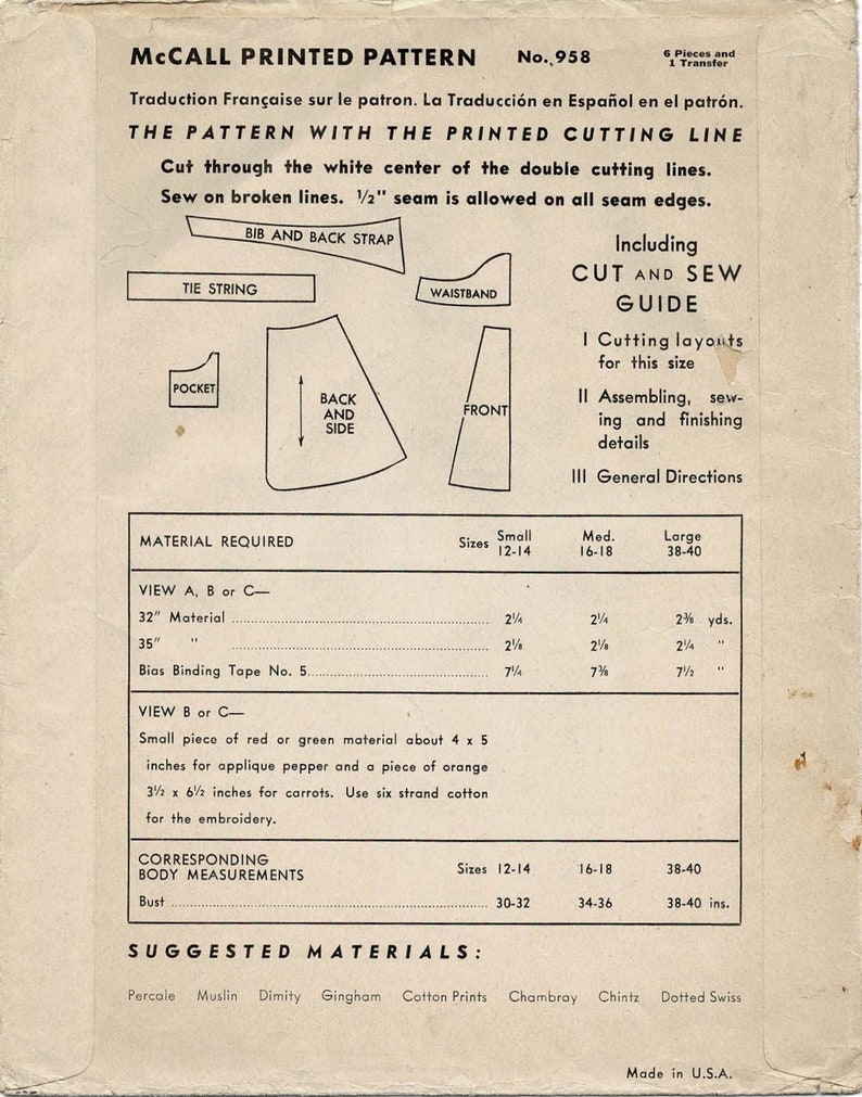 Fitted Bib APRON W Transfer Applique Mccall 958 VTG 1942 Craft Sewing ...