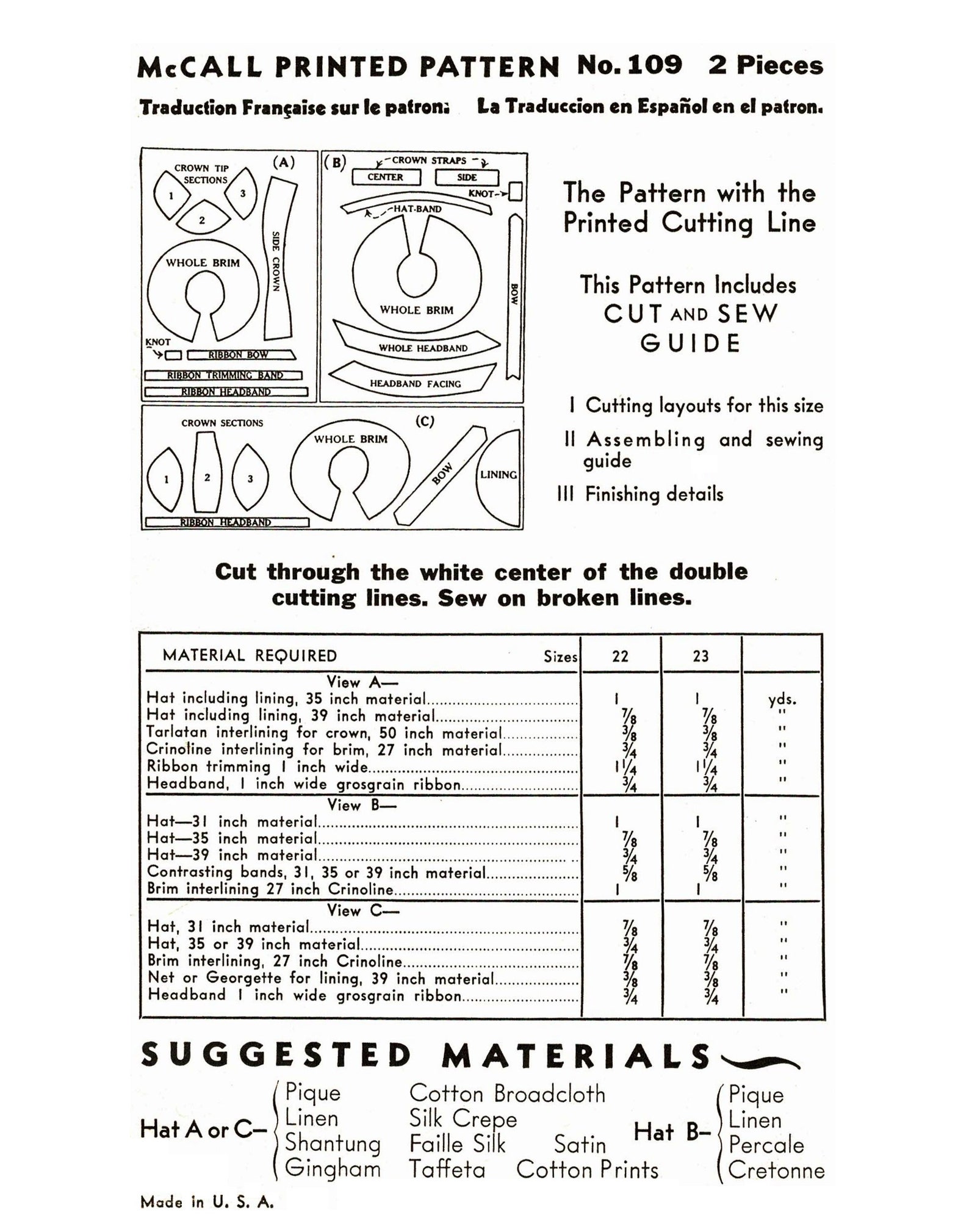 DERBY Hat Pattern "cartwheels" Floppy Sun Mccall 109 Vintage 1933 PDF ...