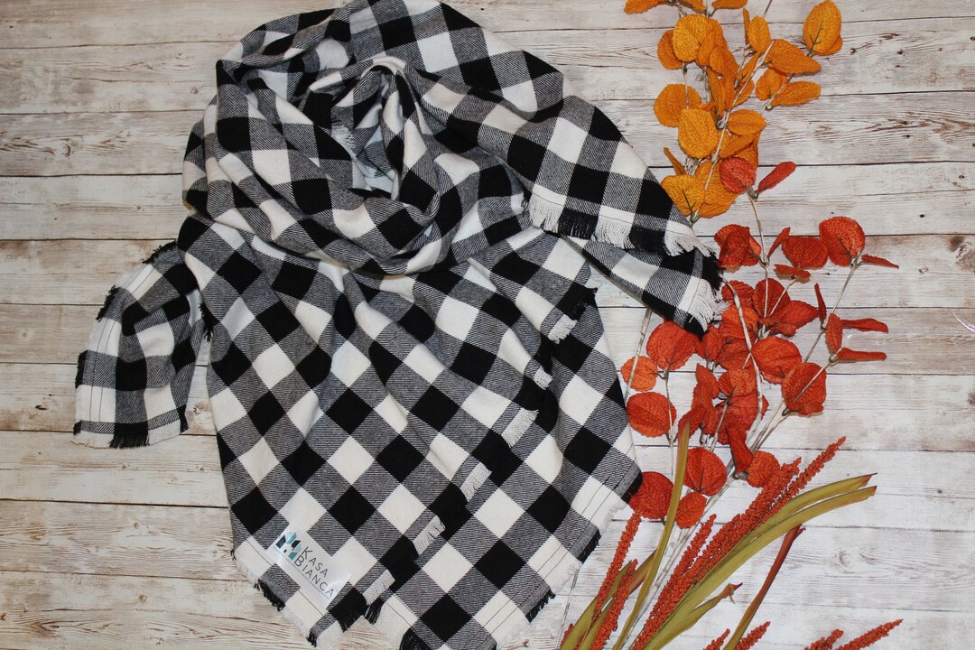Black White Buffalo Checks Cotton Flannel Blanket Scarf, Double ...