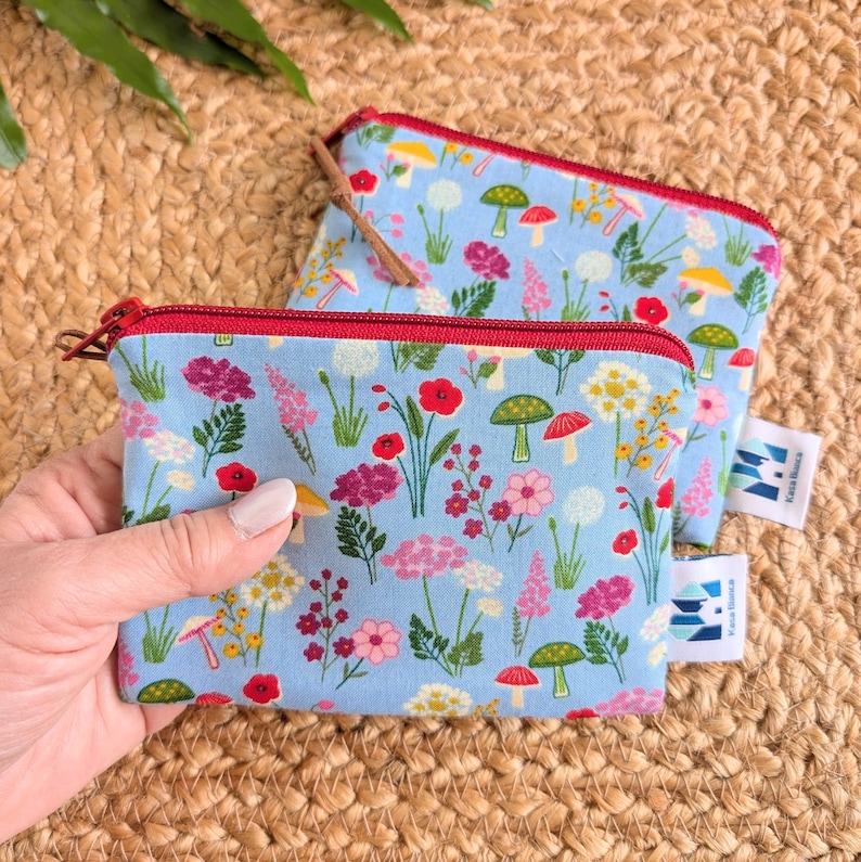 Meadows Blue Flowers Mini Zip Pouch, Handmade Floral Fabric Makeup Bag ...