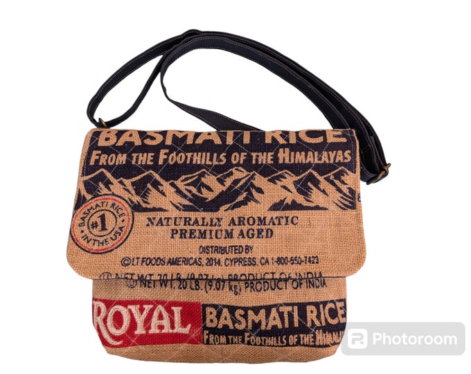 Upcycled Blue Red Basmati Rice Burlap Crossbody Bag, Casual Purse Made ...
