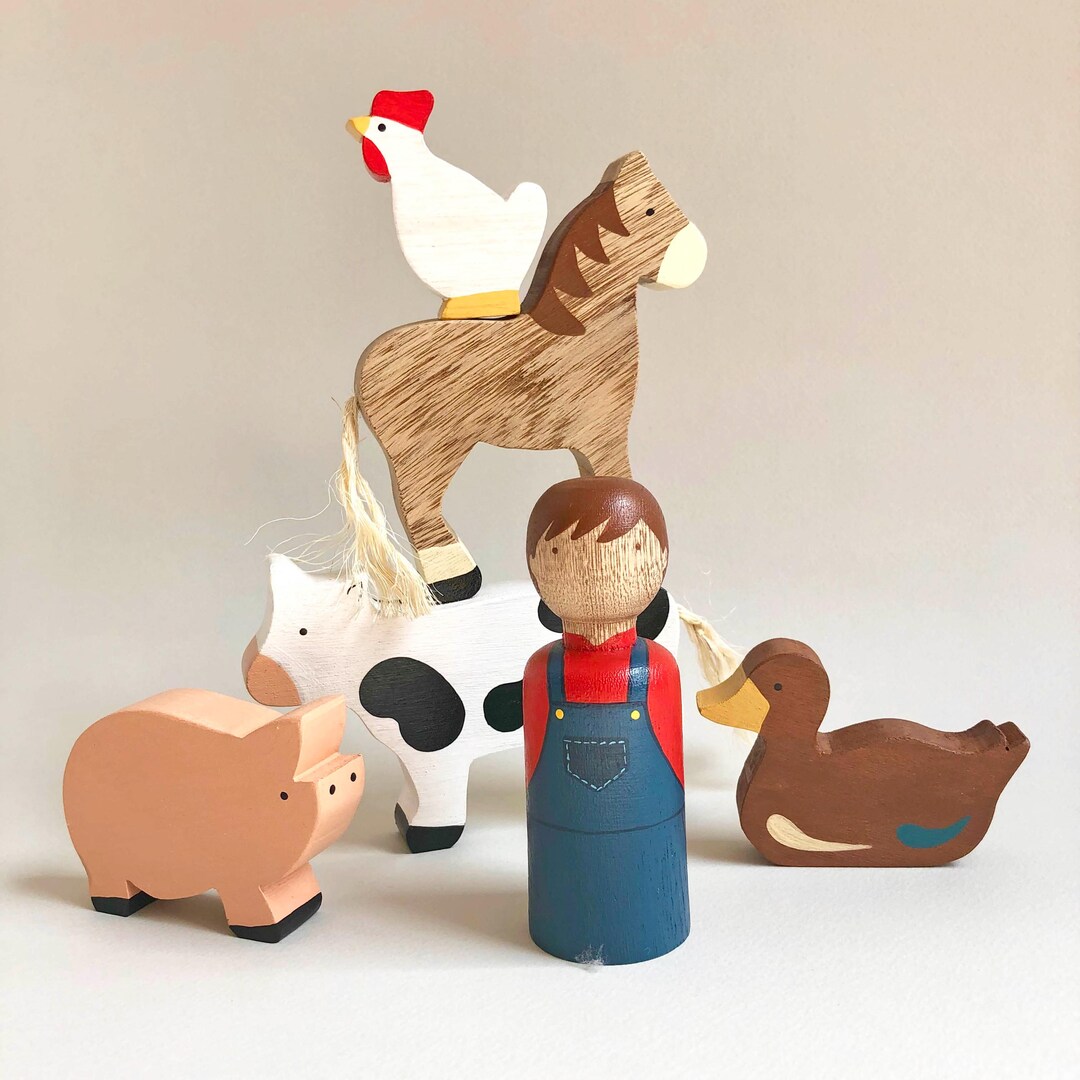 Wooden Farm Animals Play Set, Creative Fun With Farm Animals and Farmer ...