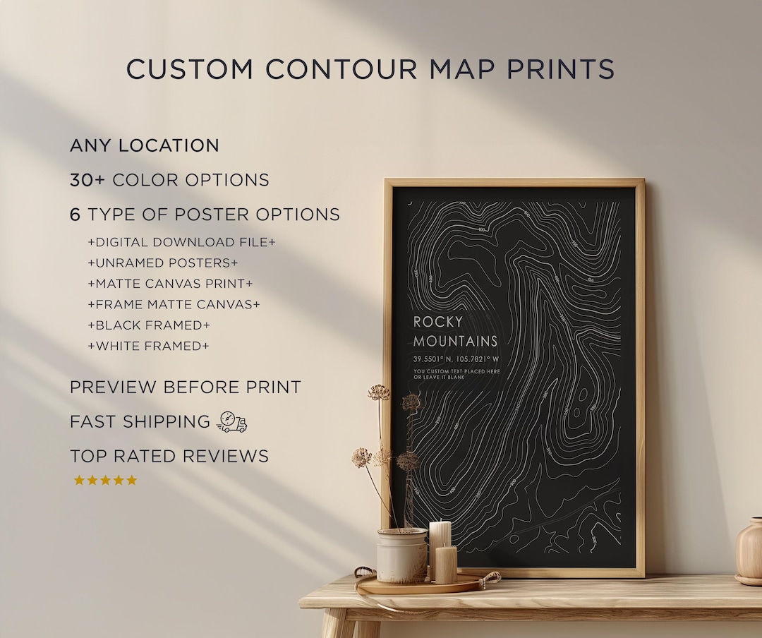 Minimalist Topographic Map, Custom Contour Line Art, Modern Mountain ...