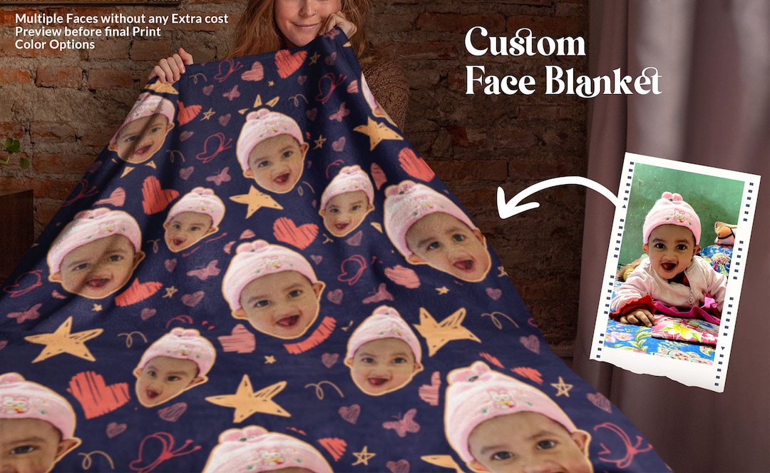 Custom Face Blankets, Personalized Photo Blanket, Fleece Face Blankets ...