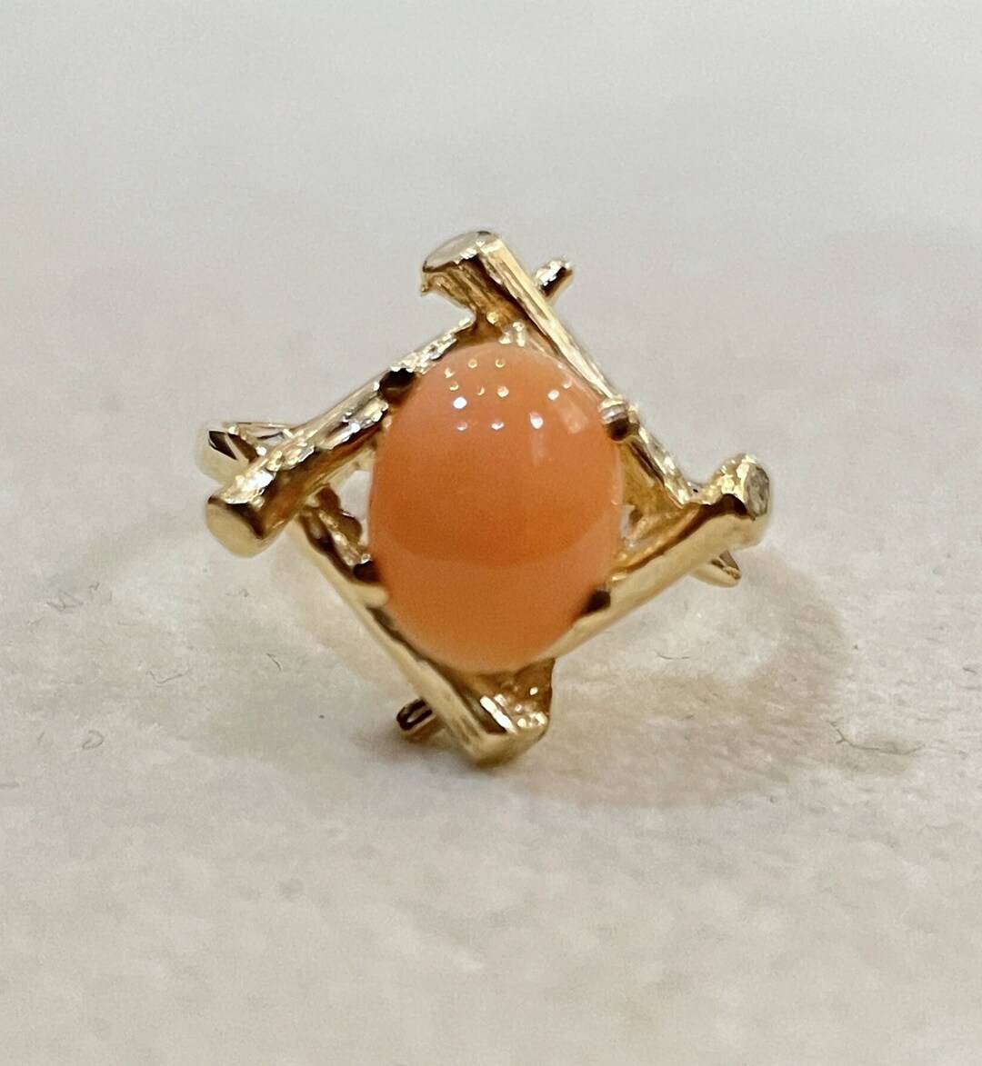 Genuine Natural Hawaiian Salmon Pink Oval Cabochon Coral Ring 14k ...