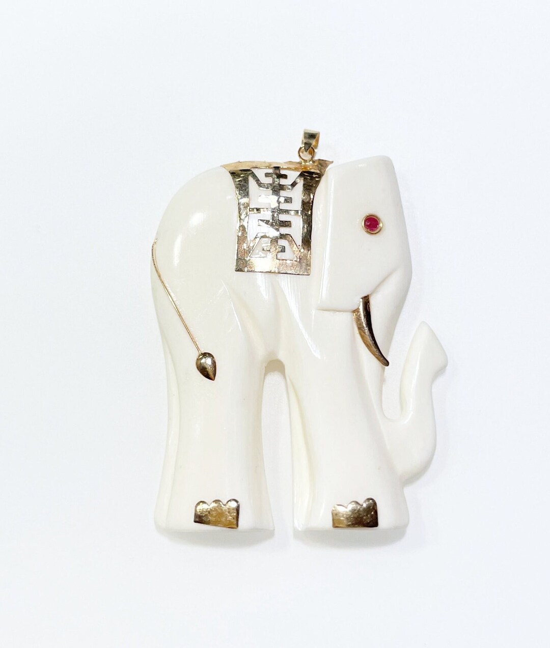 Vintage Carved Bone Elephant Ruby 14k Yellow Gold Pendant - Etsy