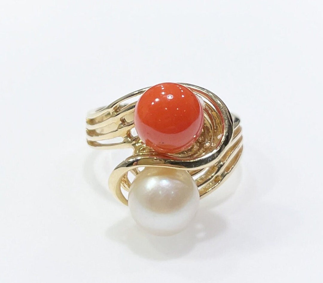Genuine Natural Hawaiian Red Coral and Akoya Pearl 14k Yellow Gold Ring ...