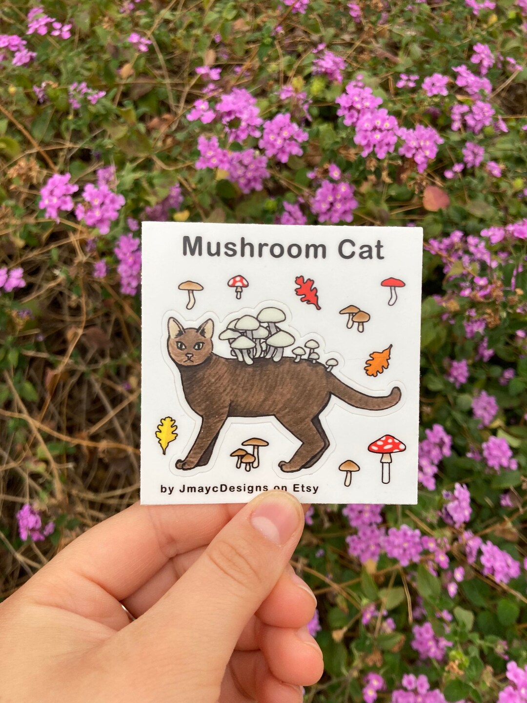 Sticker chat champignon, sticker coupe baiser, champignons, feuilles d ...