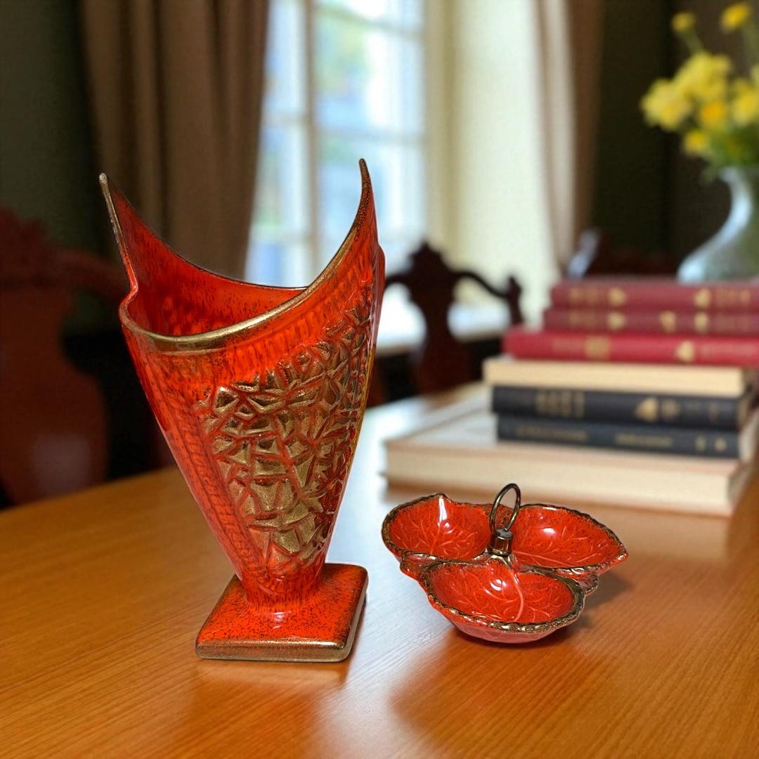Vintage MSM Orange and Metallic Gold Vase and Candy Dish Set - Etsy