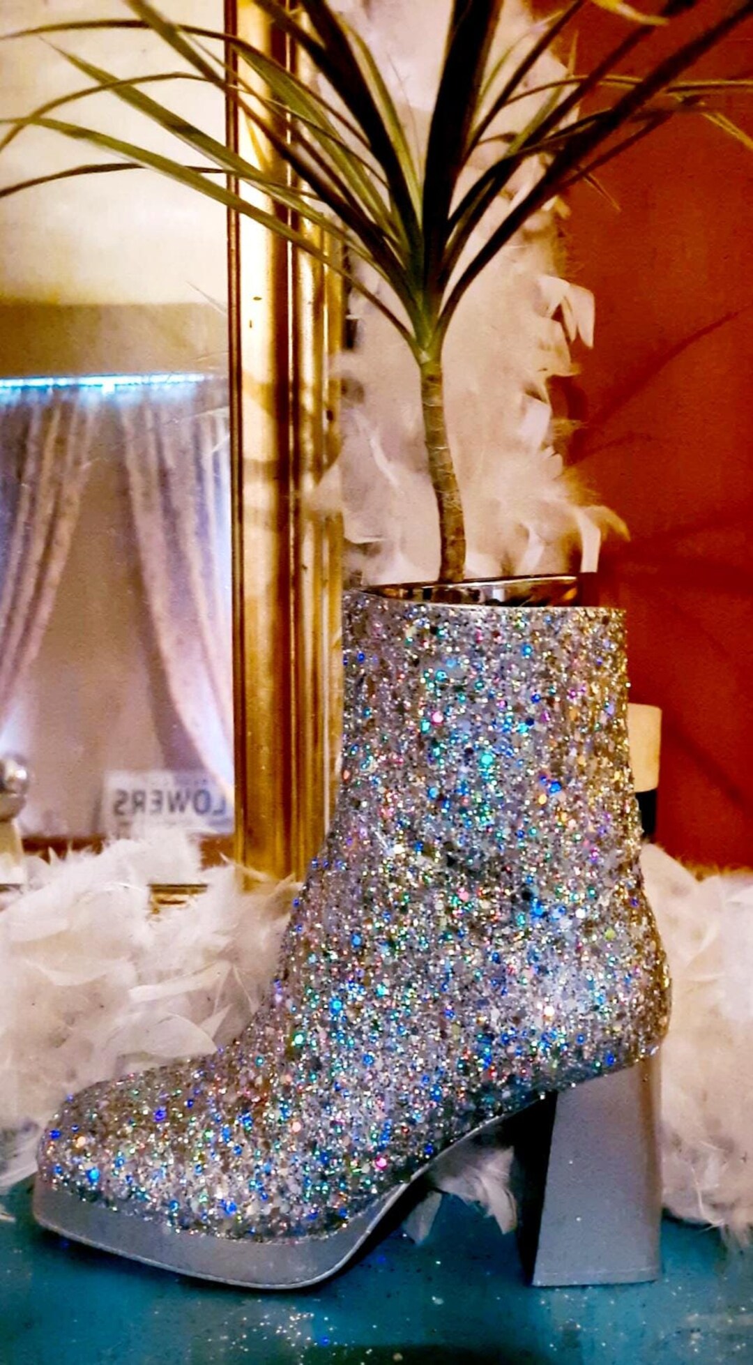 Custom Glitter Boot Vase Unique Upcycled Decor, Sparkly Boot Planter ...
