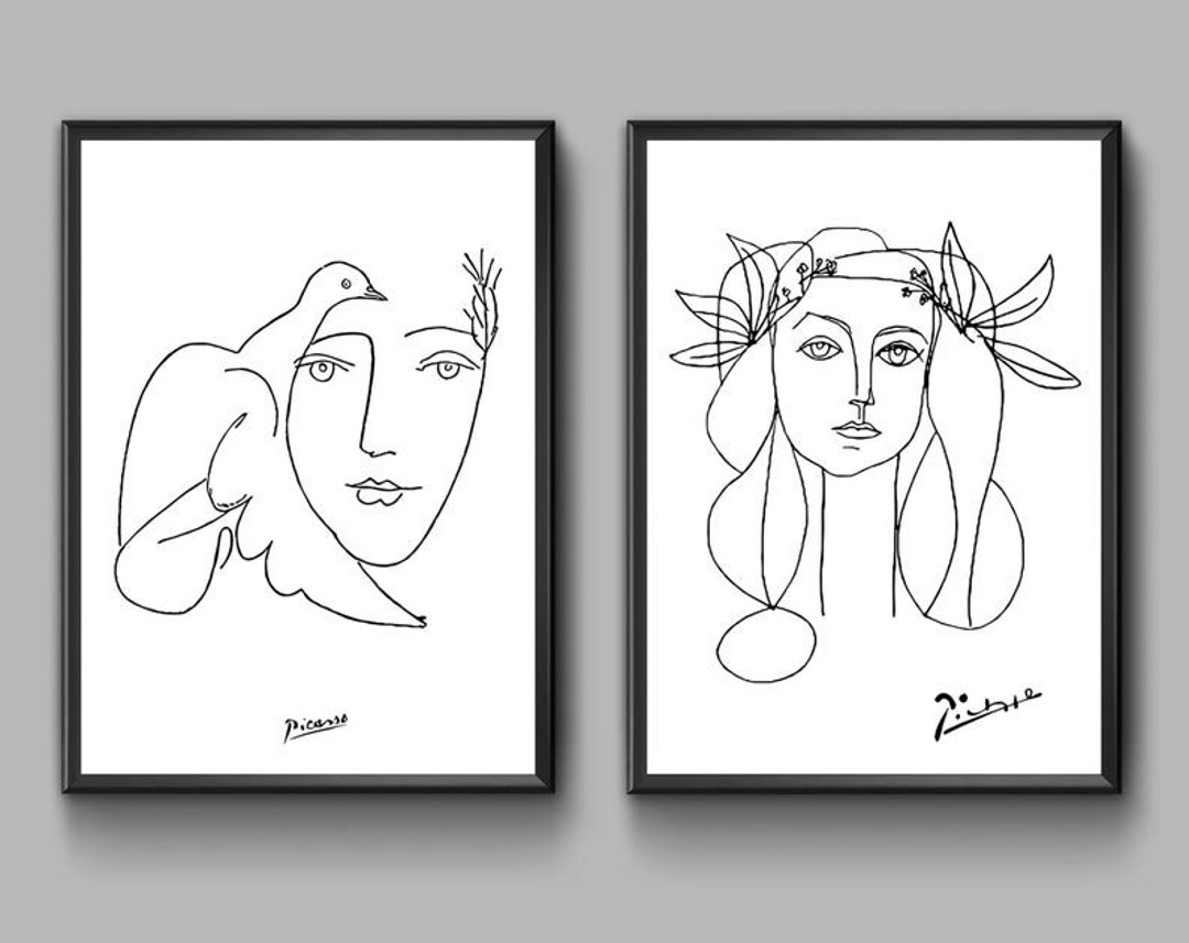 Set of 2 Picasso Line Art Picasso Lady and Dove Picasso Art Lady Line ...