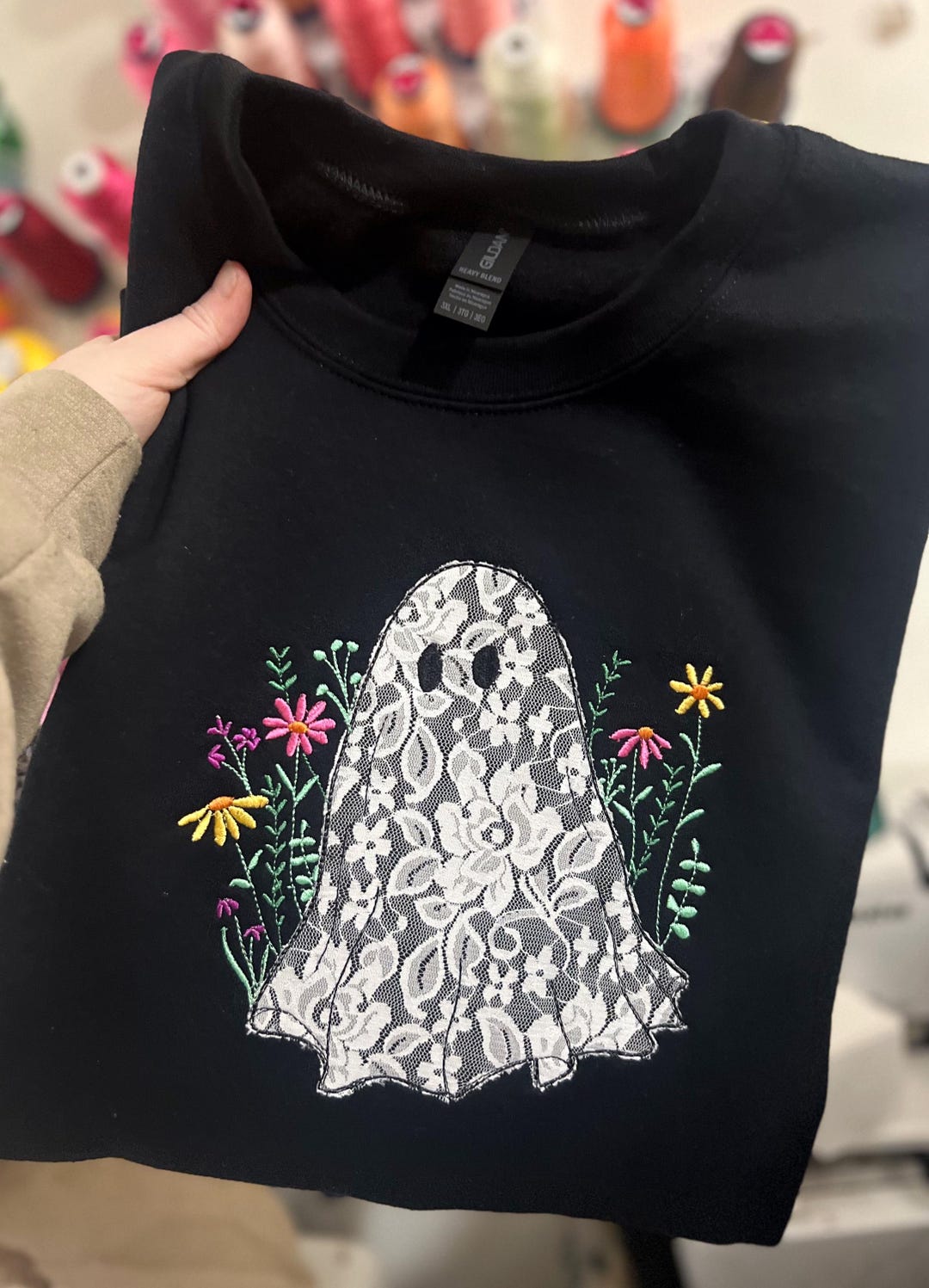 Lace Ghost Embroidered Sweater, Lace Boho Floral Ghost, Spooky Sweater ...