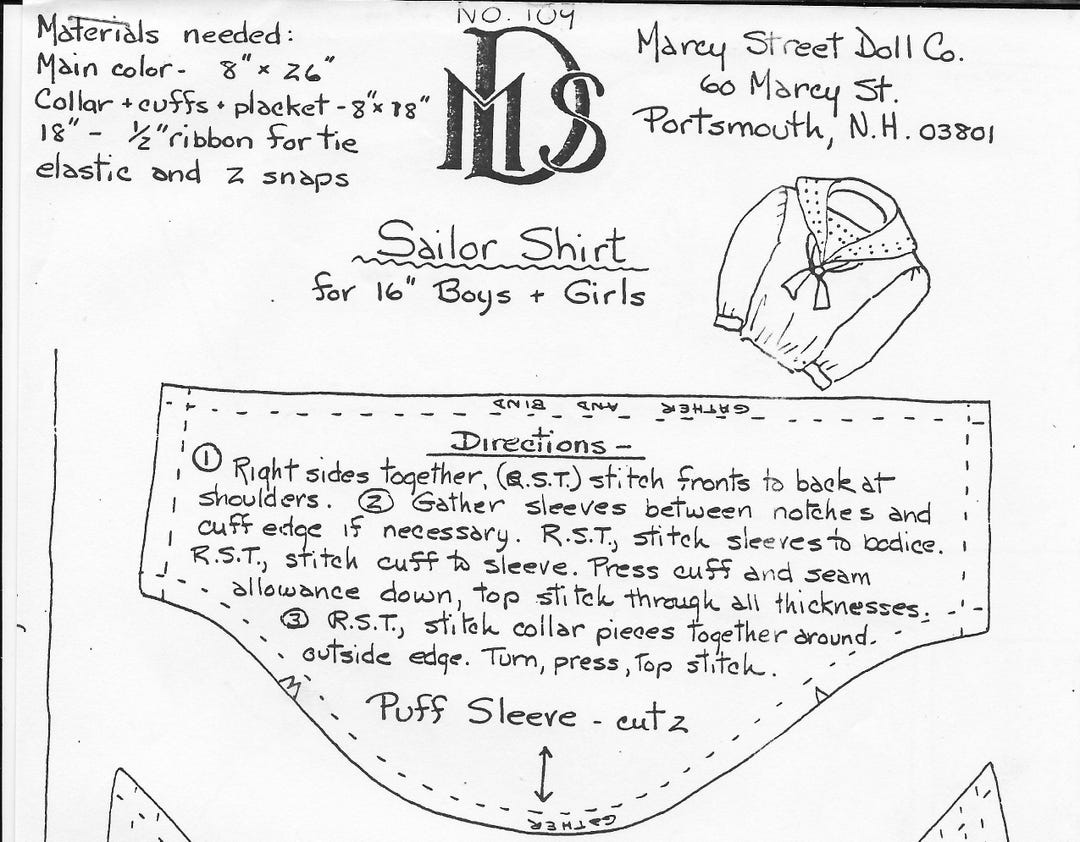 Sasha Pattern #109 Sailor Blouse Marcy Street Doll Co Pattern- Preowned ...