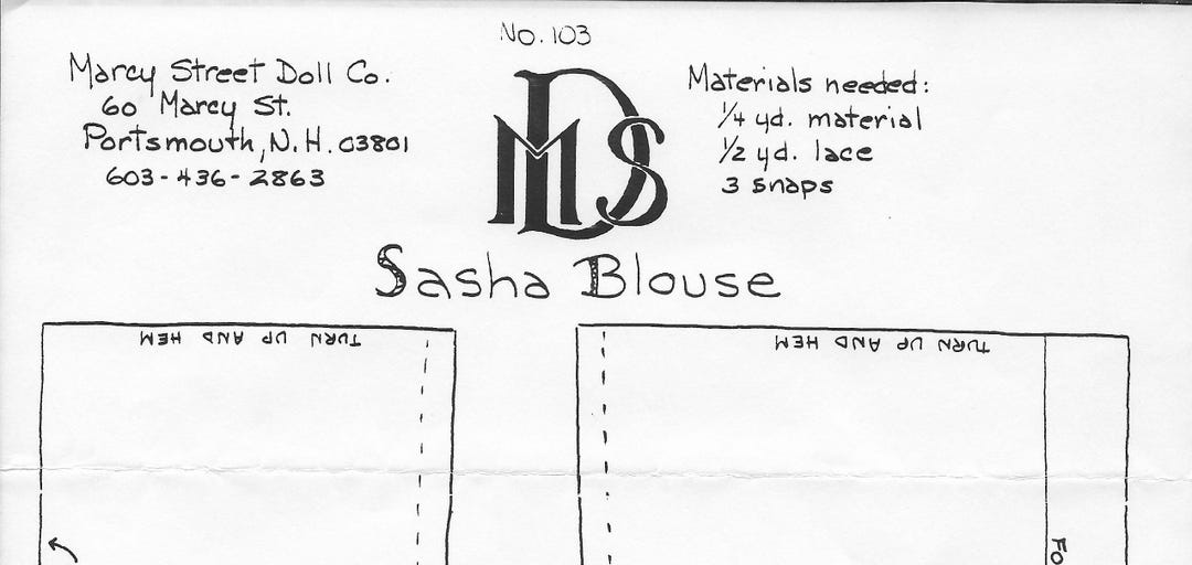 Sasha Pattern #103 Marcy Street Doll Company Gathered Sleeve Blouse ...