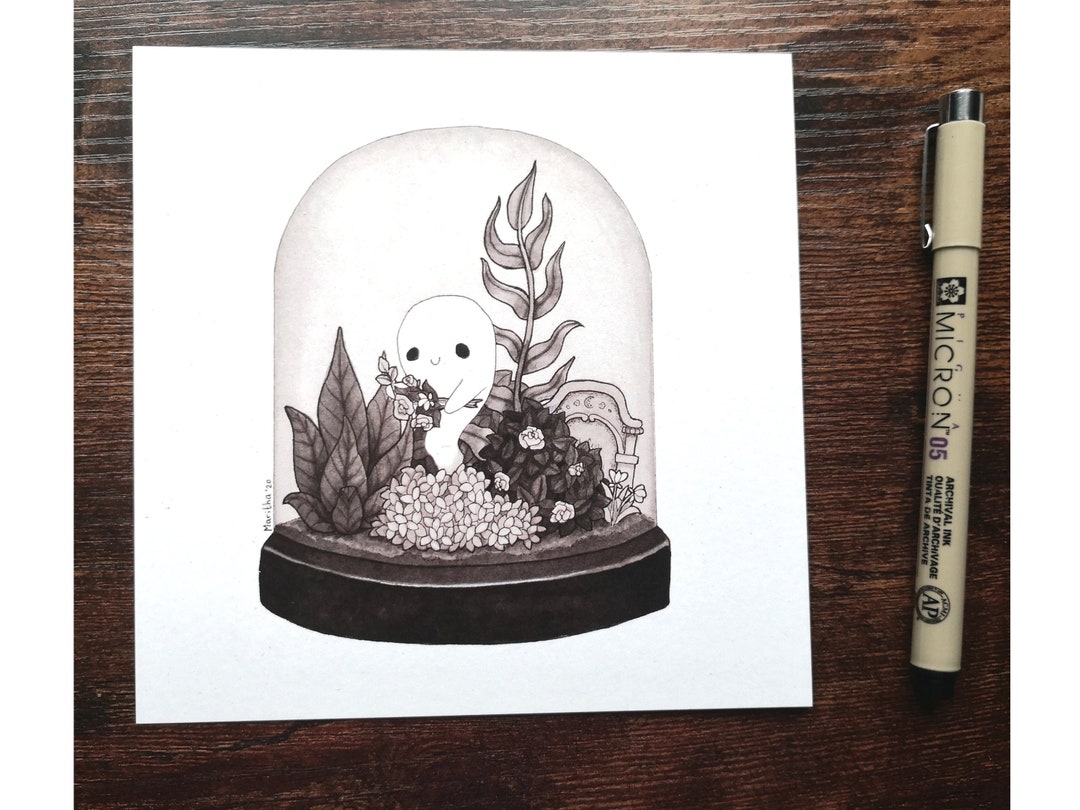 Ghost With Flowers in a Glass Bell Art Print - Etsy