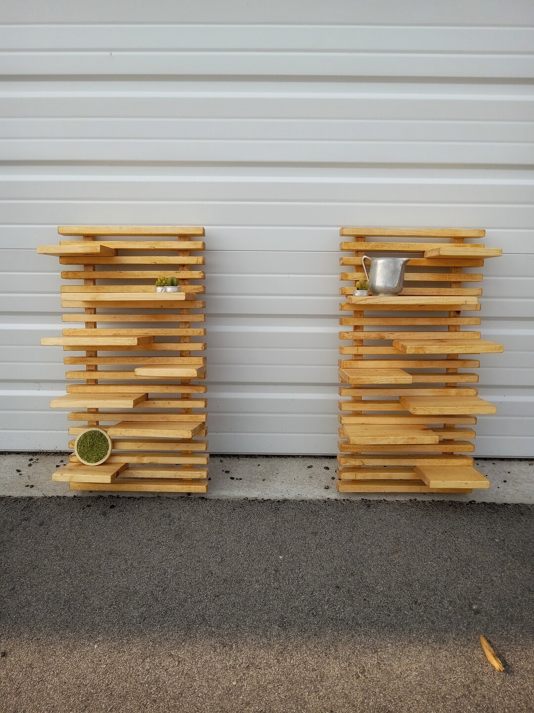 Pair 2 100% Wood Slat Wall Shelving Units With Repositionable Shelves ...