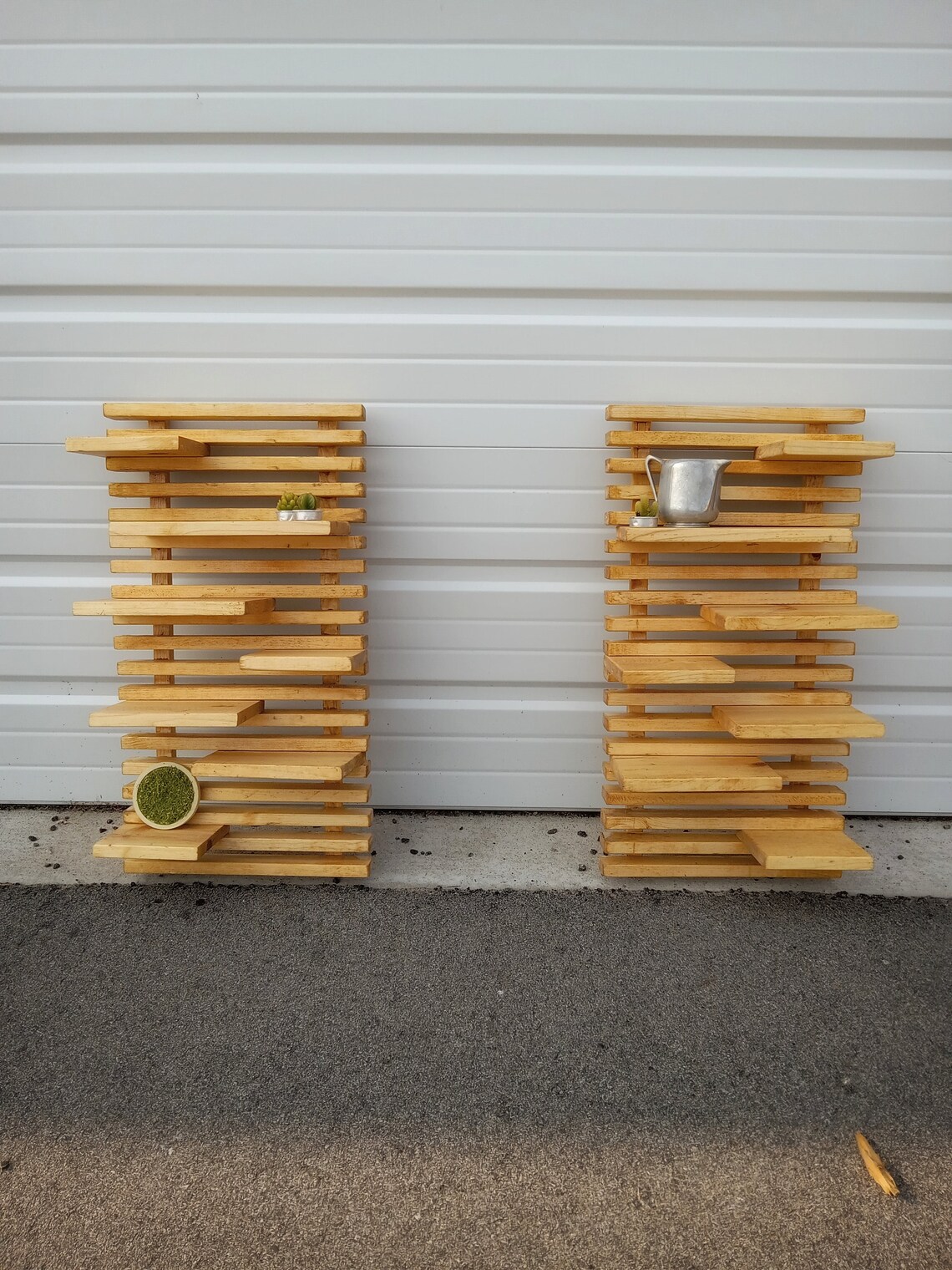 Pair 2 100% Wood Slat Wall Shelving Units With Repositionable Shelves ...