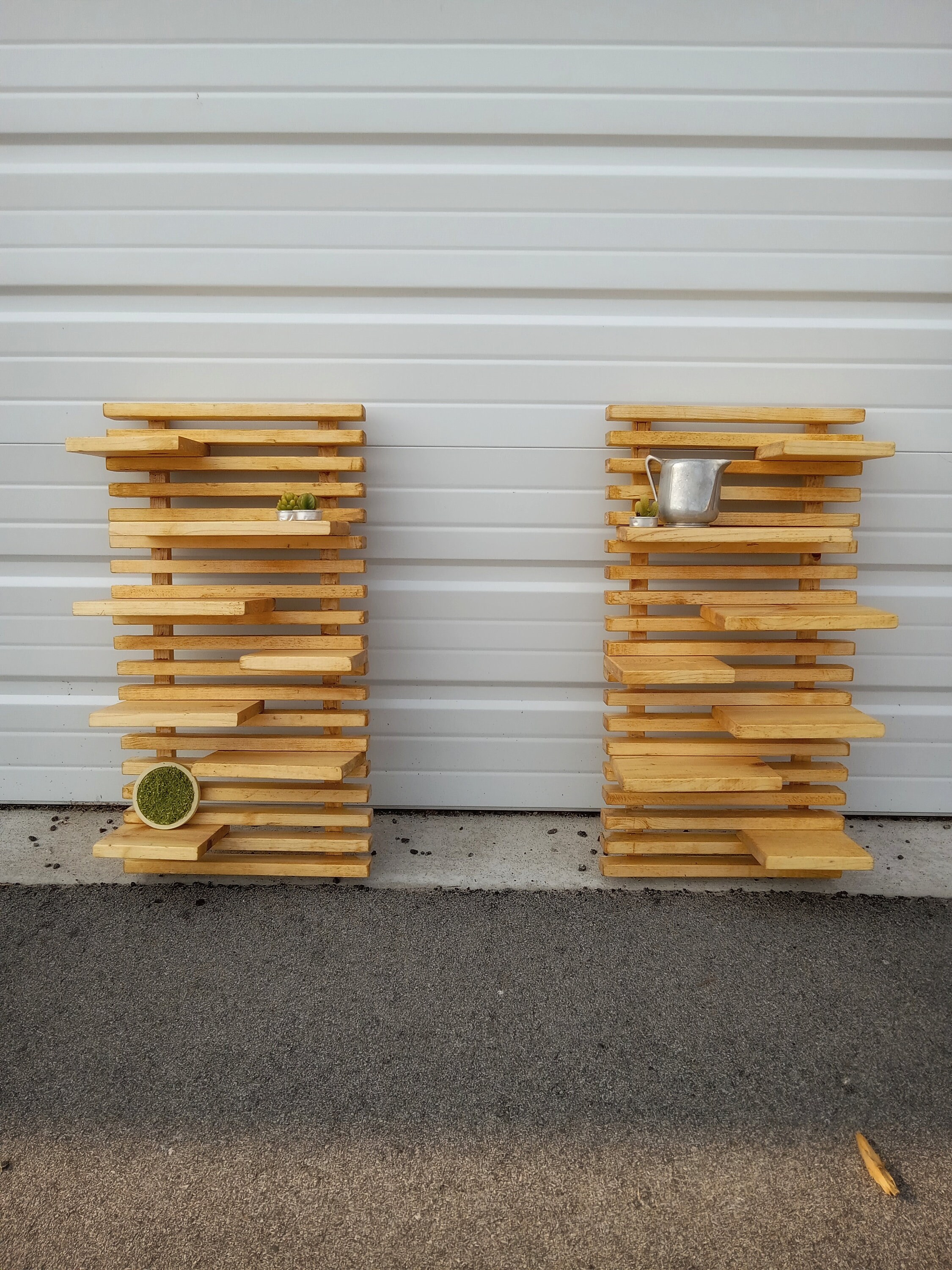 Pair 2 100% Wood Slat Wall Shelving Units With Repositionable Shelves ...