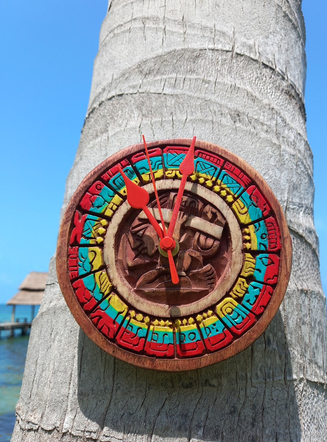 Mayan Calendar Wall Clock Wooden Mexican Folk Art, Silent Mechanism ...