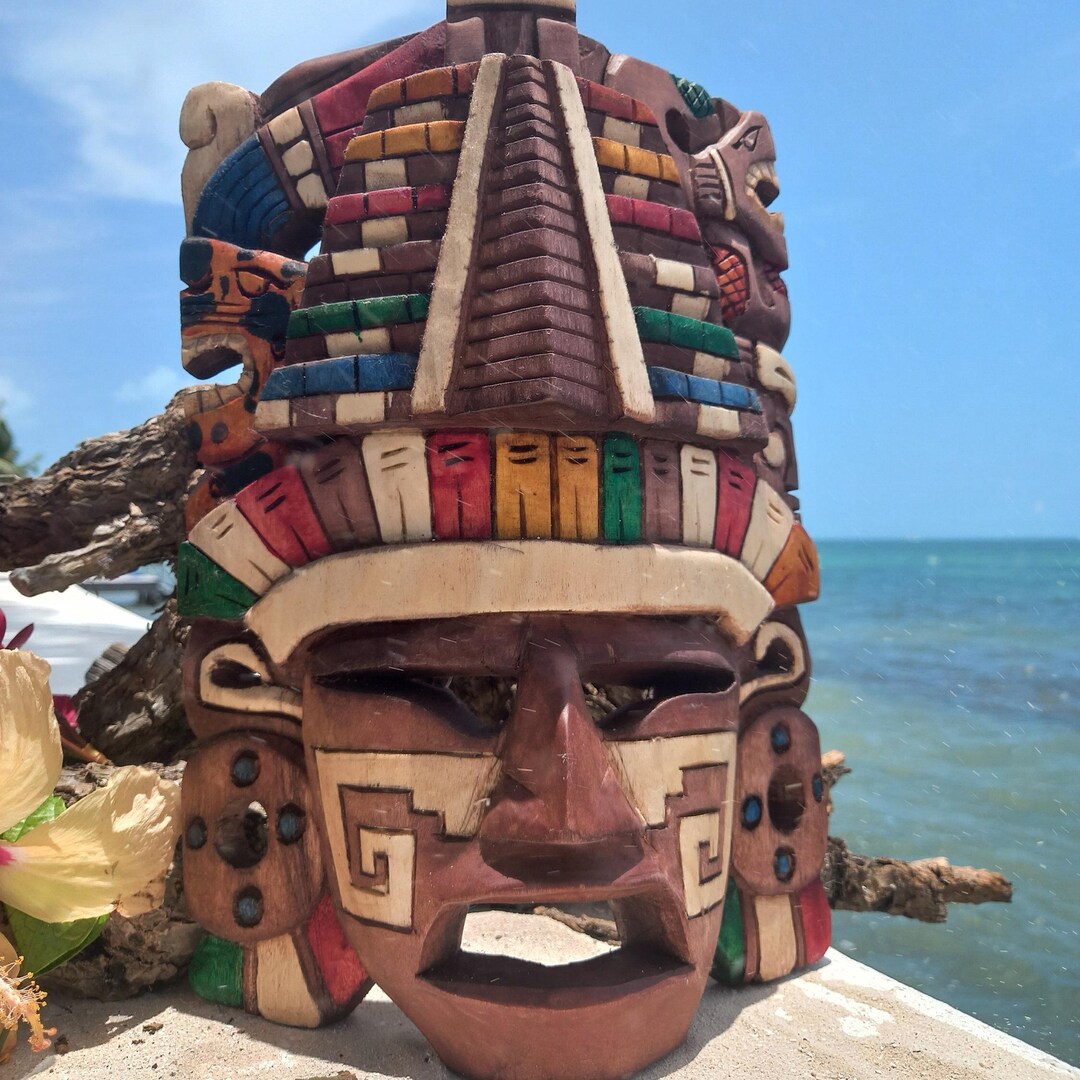 Mexican Wall Mask – Carved Wooden Art, Mesoamerican Decor Chichen Itza ...