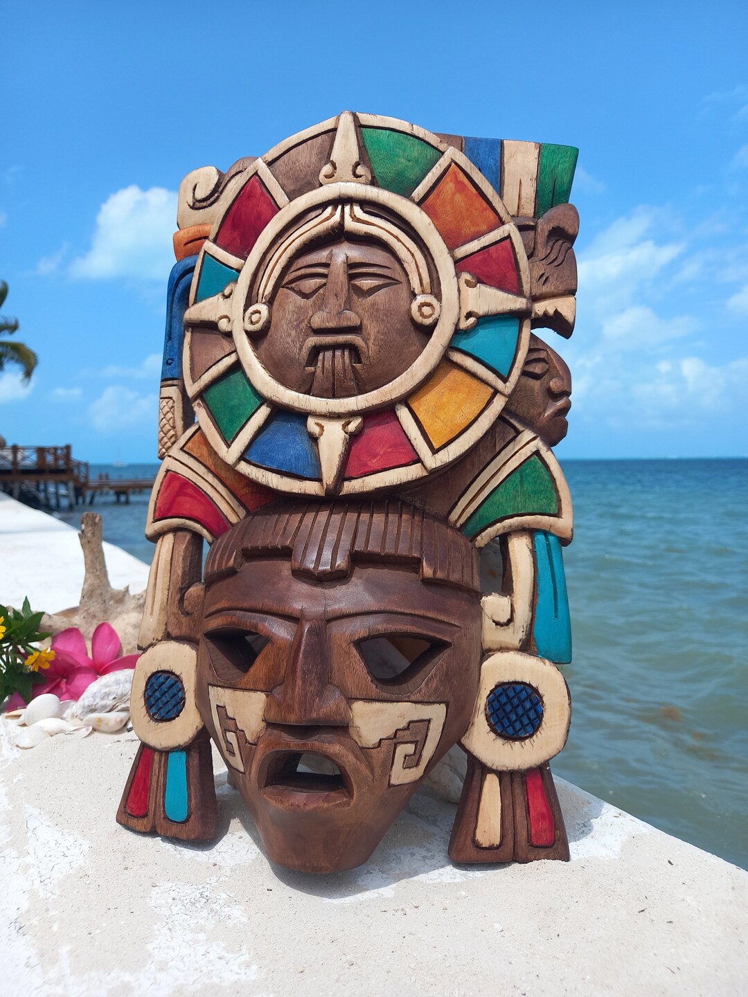 Aztec Mask Hand Carved Wood Mask Aztec Calendar Wall Art Mexican Wooden ...