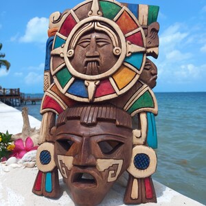 Aztec Mask Hand Carved Wood Mask Aztec Calendar Wall Art Mexican Wooden ...