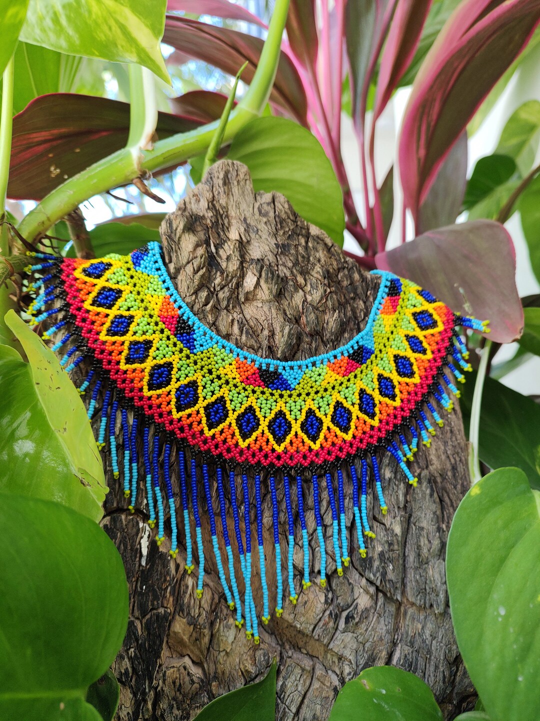 Mayan Beaded Choker – Handmade Seed Bead Necklace – Huichol Boho ...