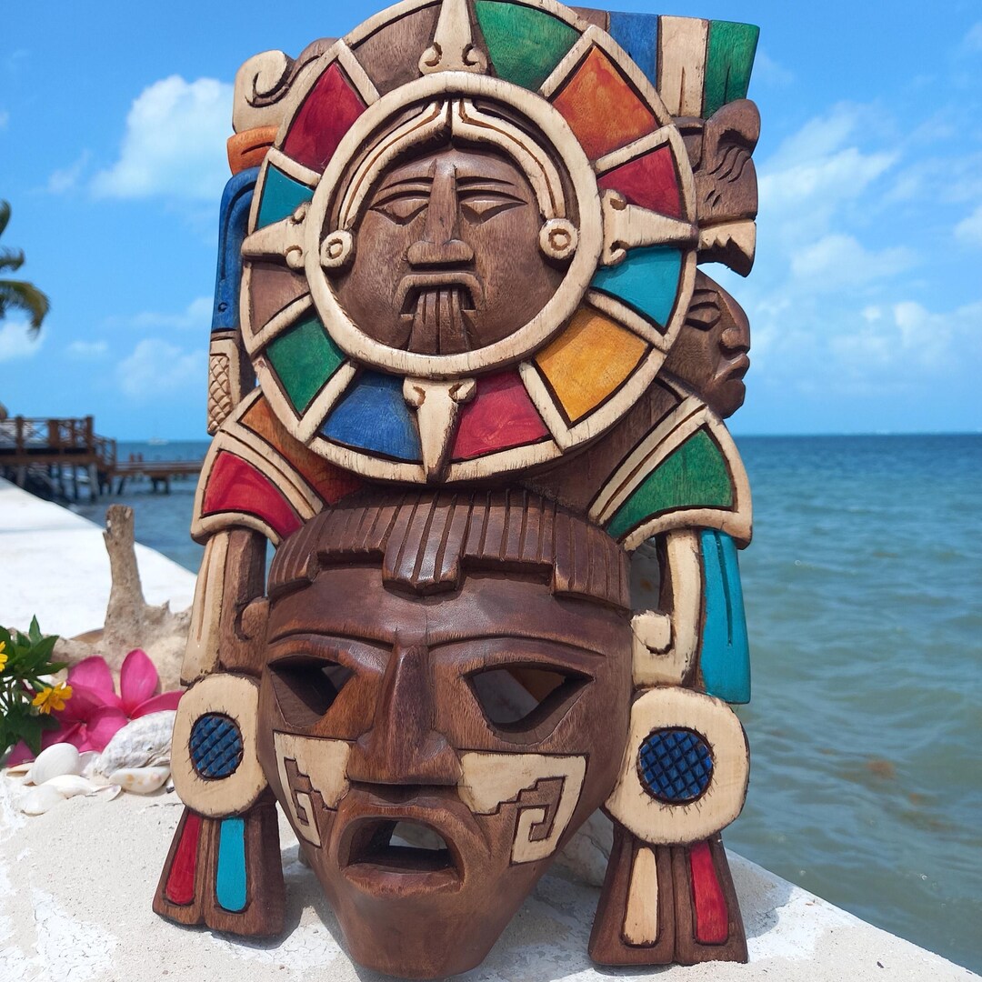 Aztec Mask Wall Art – Hand-carved Wood Sculpture With Aztec Calendar ...