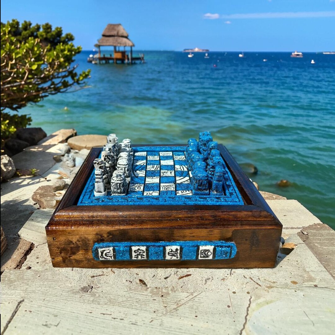 Blue Chess Set Handmade 'mayan Calendar' Mexican Design 7.5 X 7.5 ...