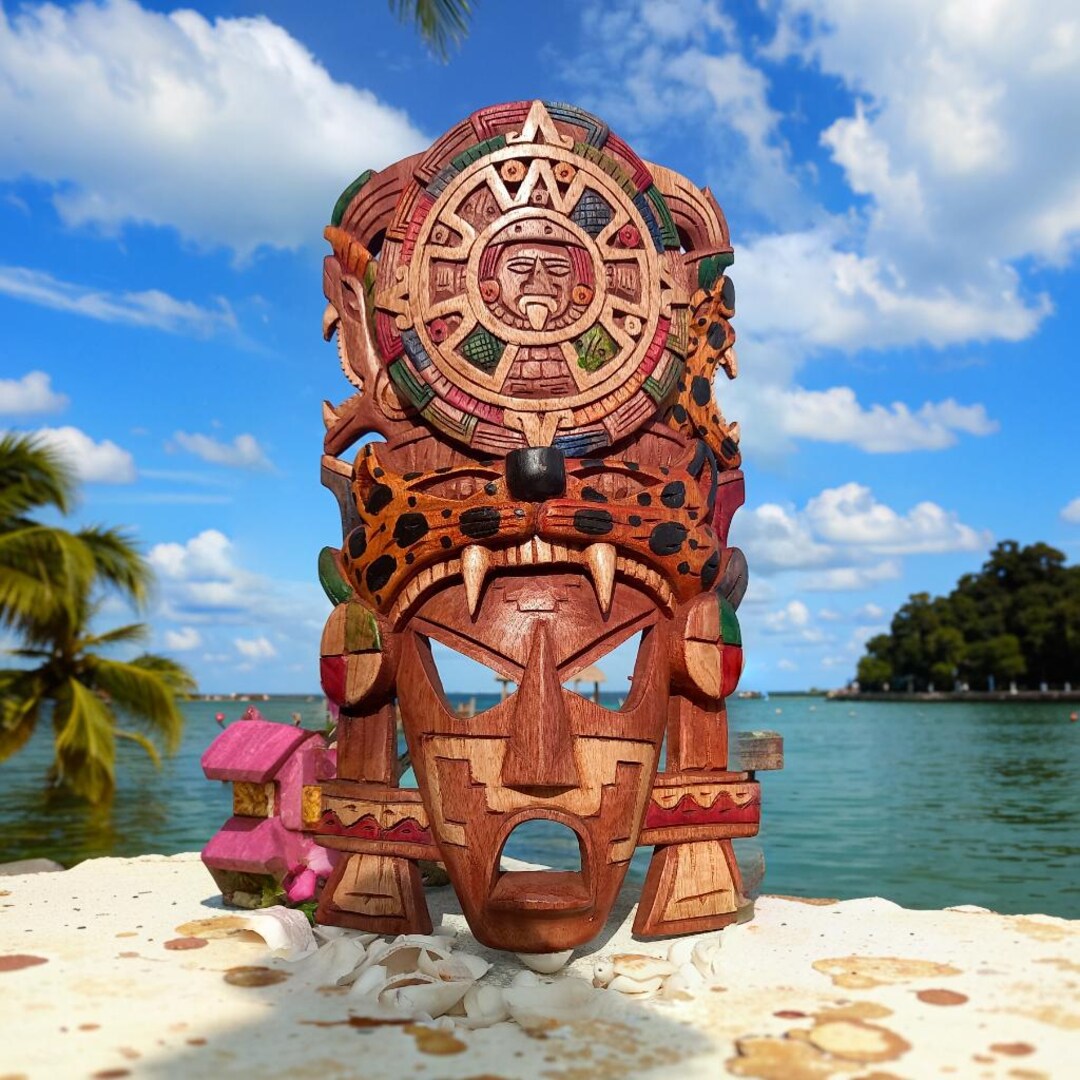 Authentic Aztec Mask - Handcrafted Mexican Wall Art With Aztec Calendar ...