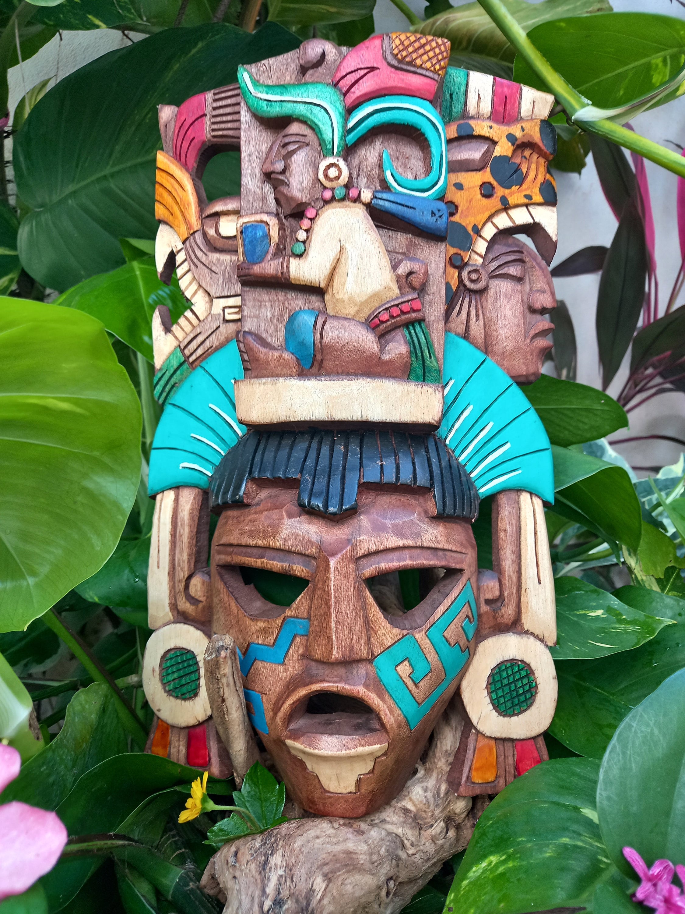 Carved Wood Mask Aztec God of Medicine cit BOLON Tum Handcrafted Aztec ...