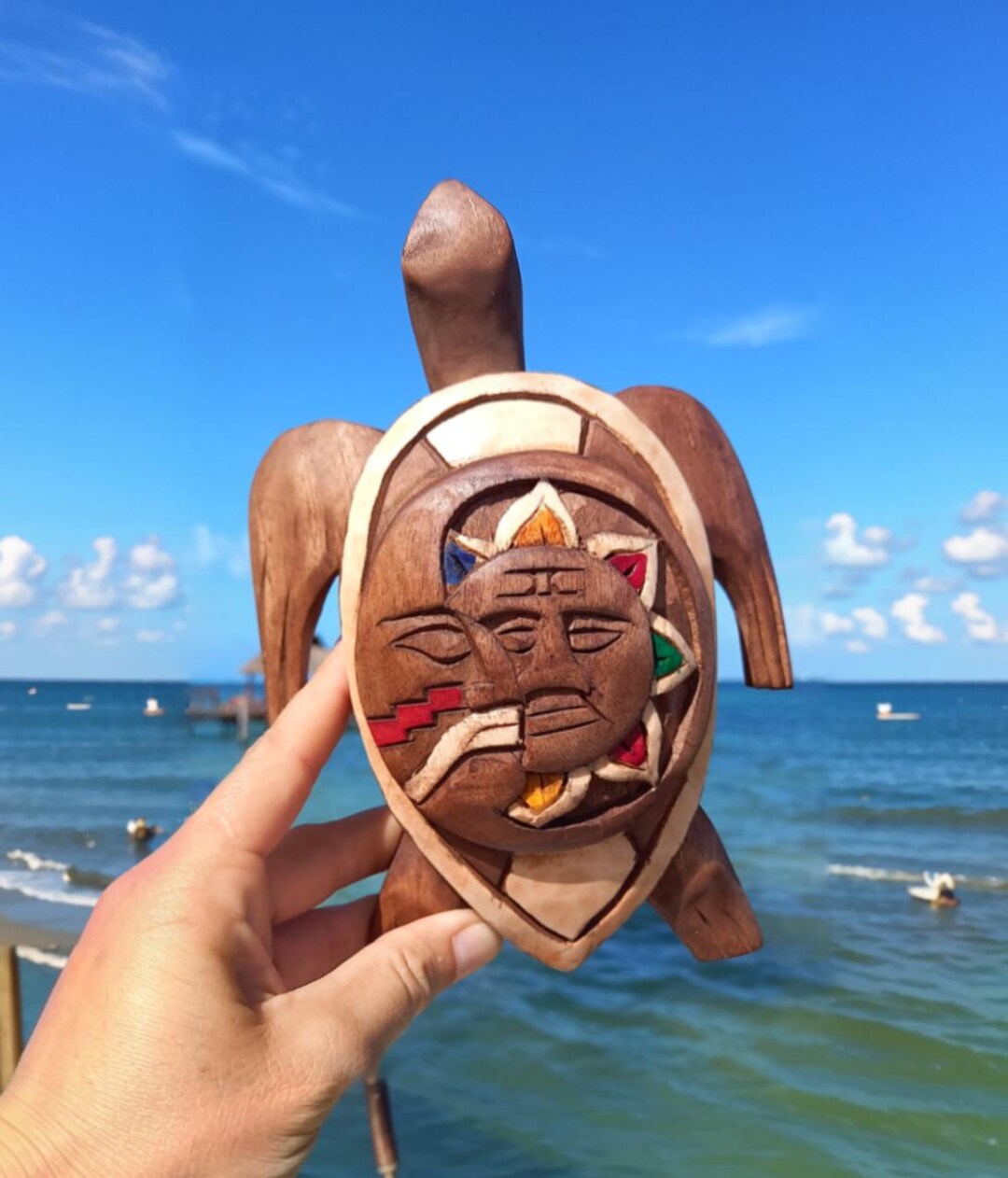 Mayan Lucky Turtle Carved Wood Turtle With Sun & Moon, Mesoamerican ...