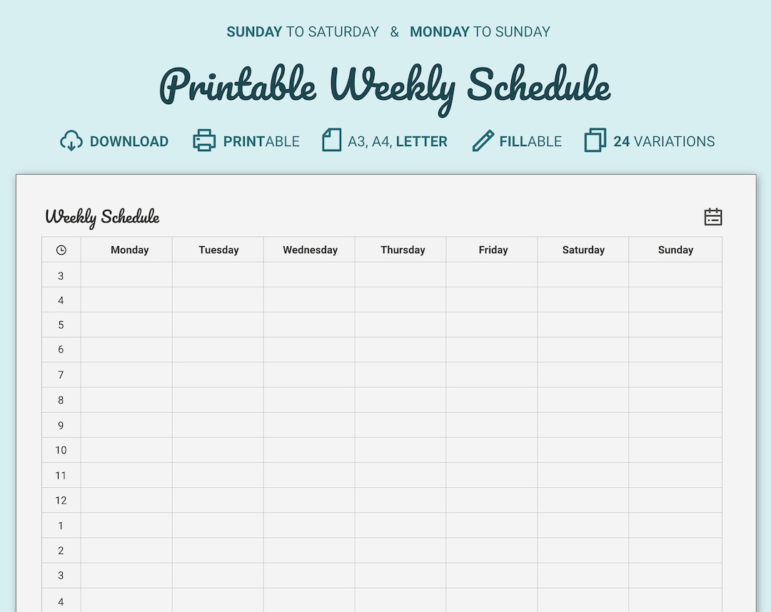 Printable Weekly Schedule | Fillable PDF Files | A3, A4, Letter ...