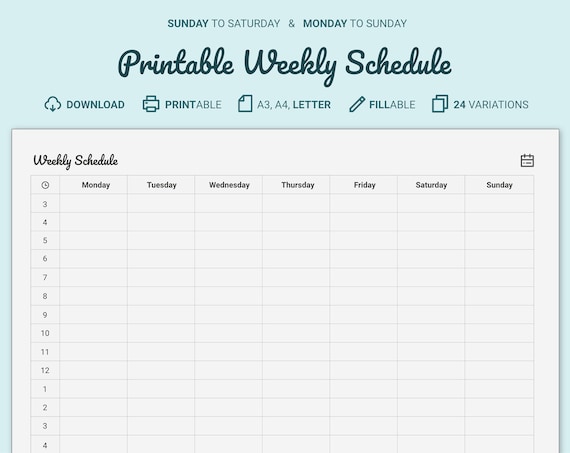 Printable Weekly Schedule Fillable PDF Files A3 A4 | Etsy