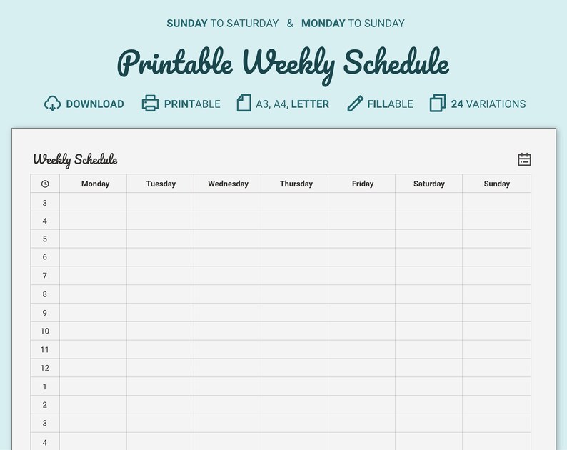 Printable Weekly Schedule Fillable PDF Files A3 A4 - Etsy