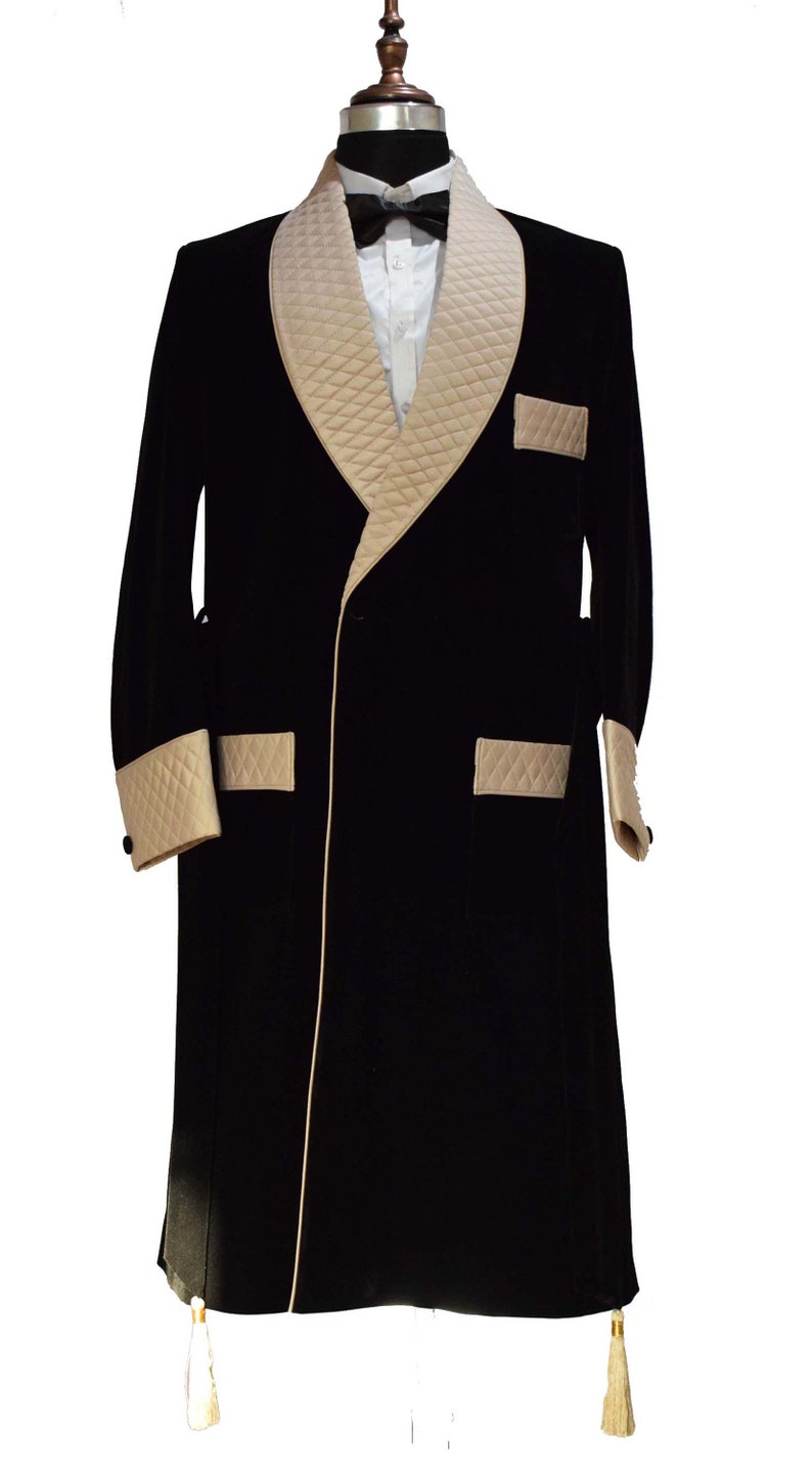 Men Black Smoking Velvet Gowns Quilted Lapel Dinner Party Wear Long ...