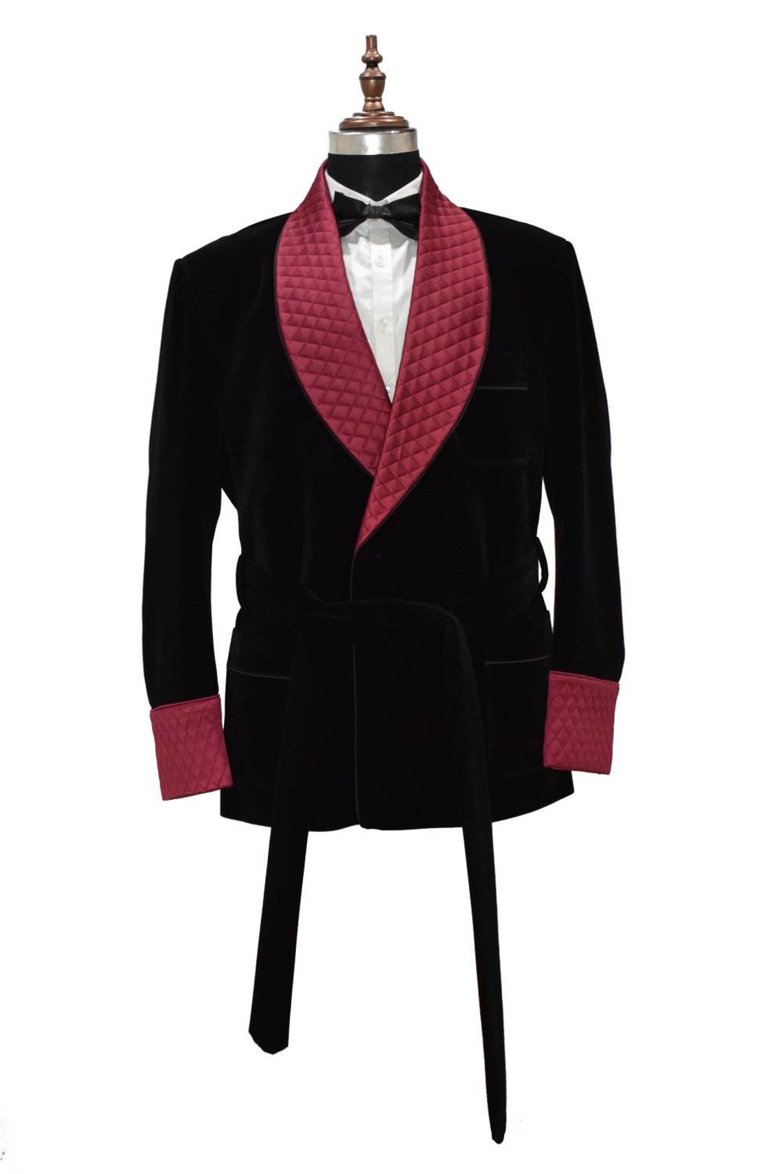 Men Black Smoking Jackets Patch Pockets Quilted Lapel Belted - Etsy