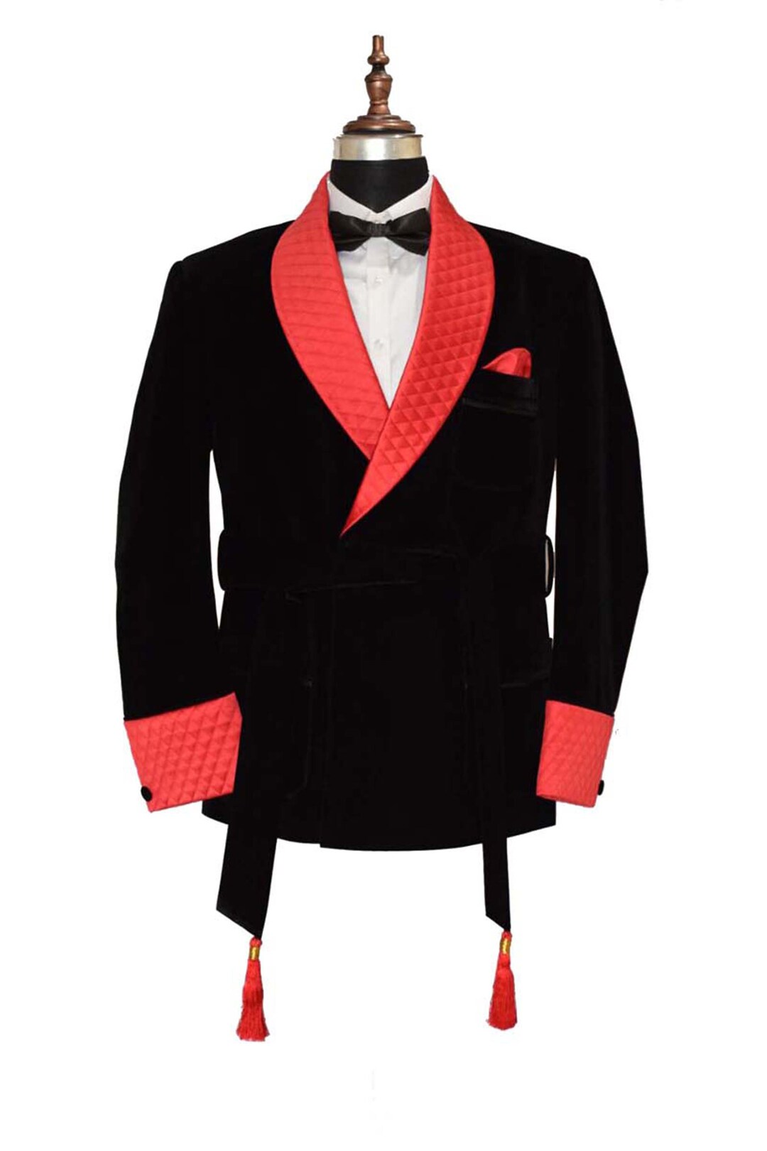 Men Black Smoking Jackets Red Quilted Lapel Belted Dinner Party Wear ...