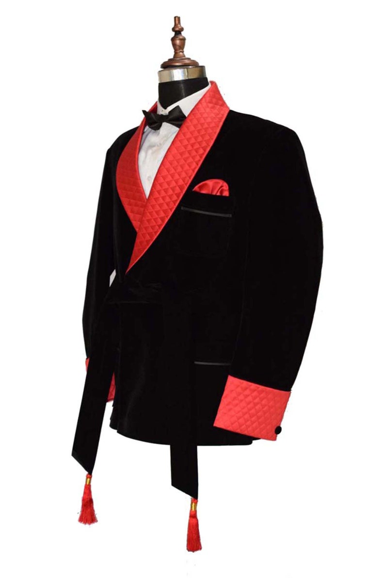 Men Black Smoking Jackets Red Quilted Lapel Belted Dinner - Etsy