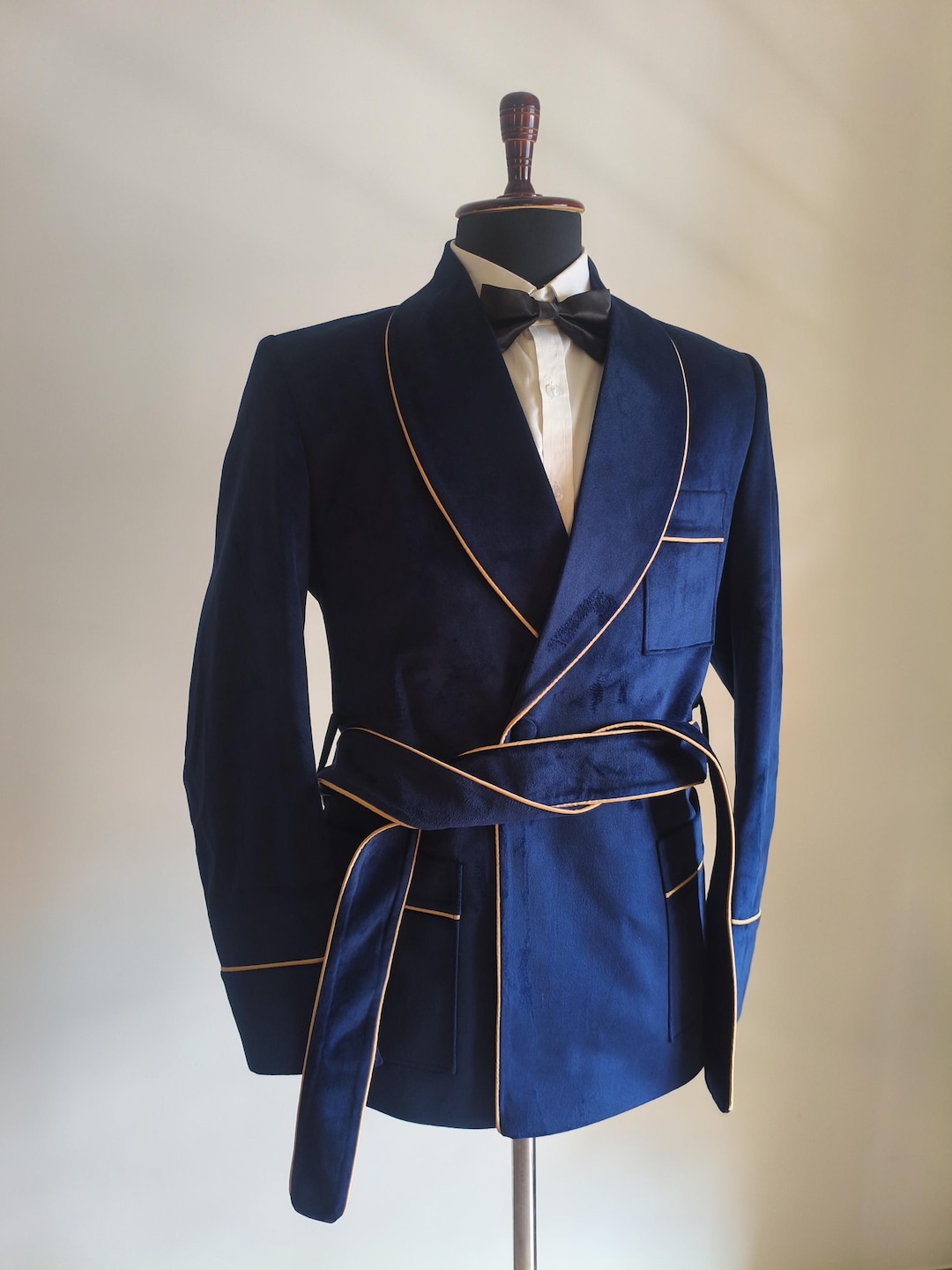 Man Navy Blue Smoking Jackets With Golden Piping Lapel Belted Dinner ...