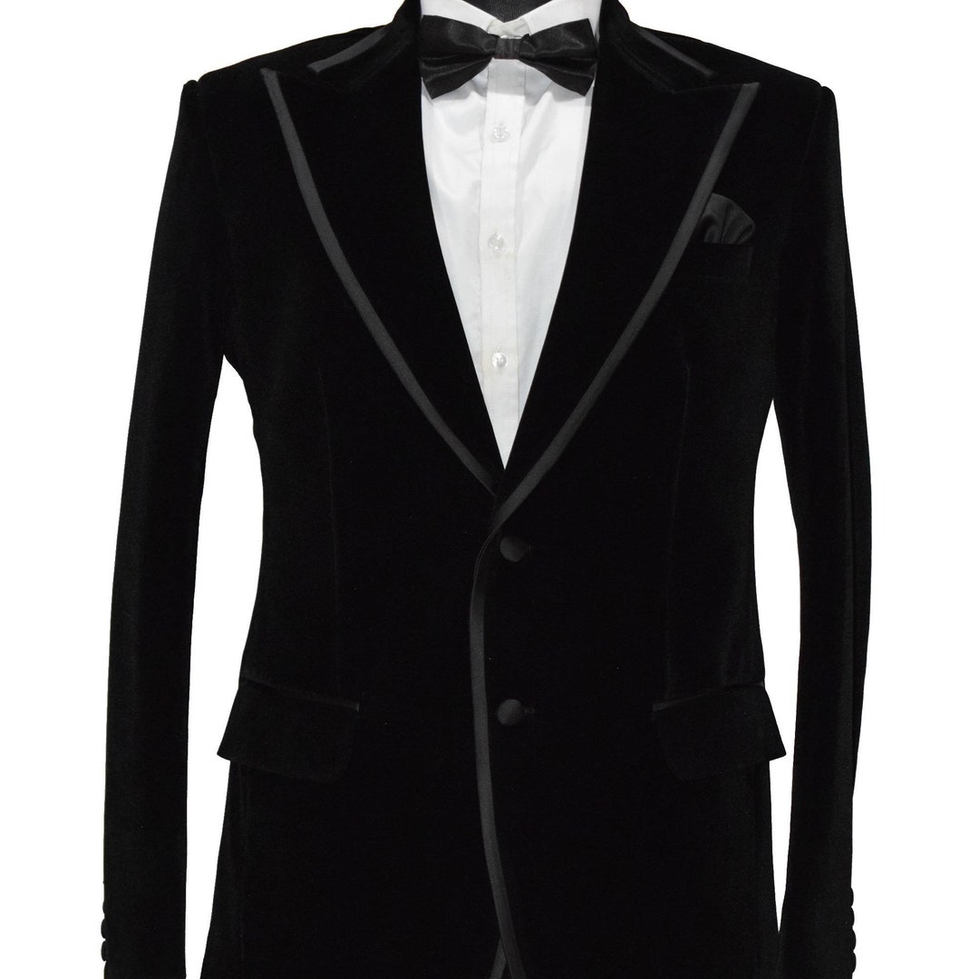 Man Black Velvet Blazers Piping Lapel Tuxedo Dinner Party Wear Coats ...