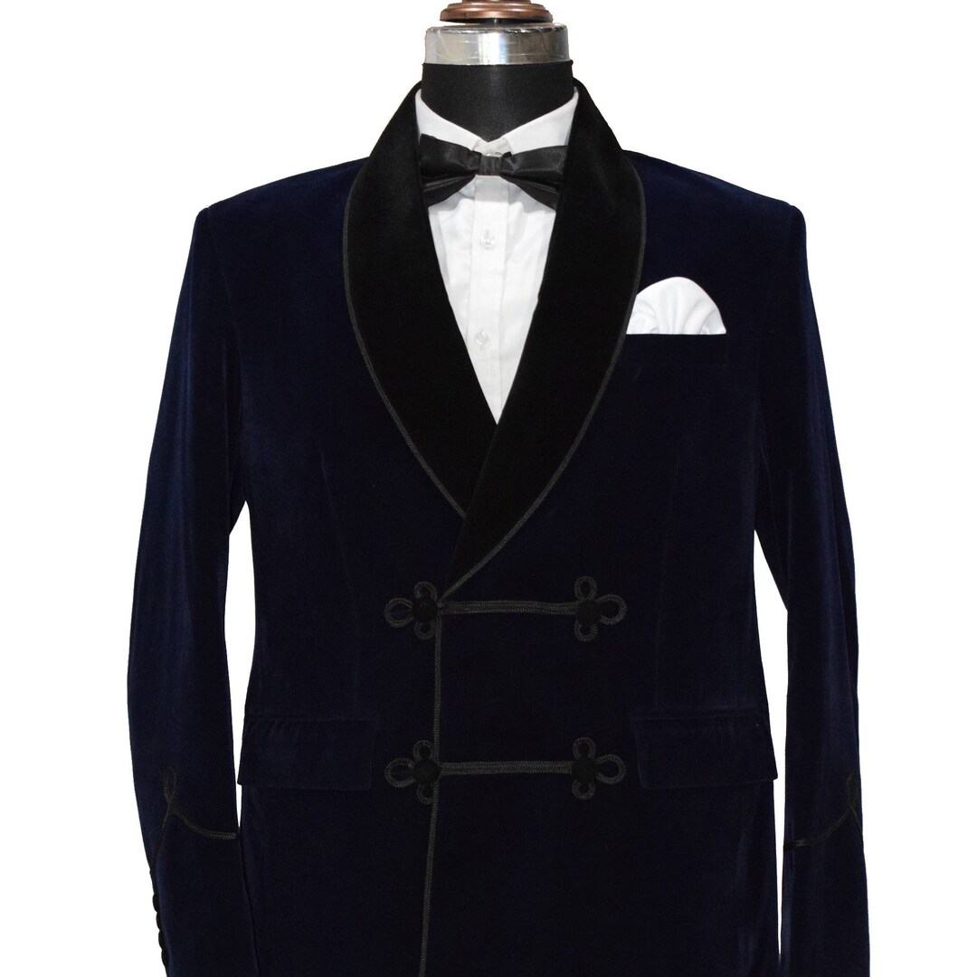 Navy Blue Smoking Jacket for Men Double Breasted Velvet Coats Blazers ...