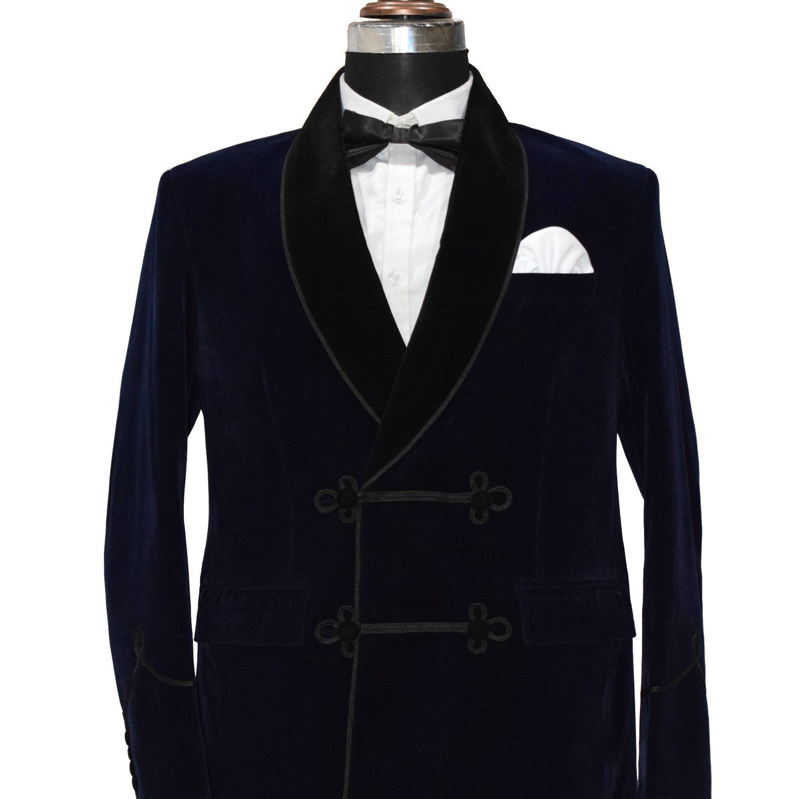 Navy Blue Smoking Jacket for Men Double Breasted Velvet Coats Blazers ...