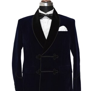 Navy Blue Smoking Jacket for Men Double Breasted Velvet Coats Blazers ...