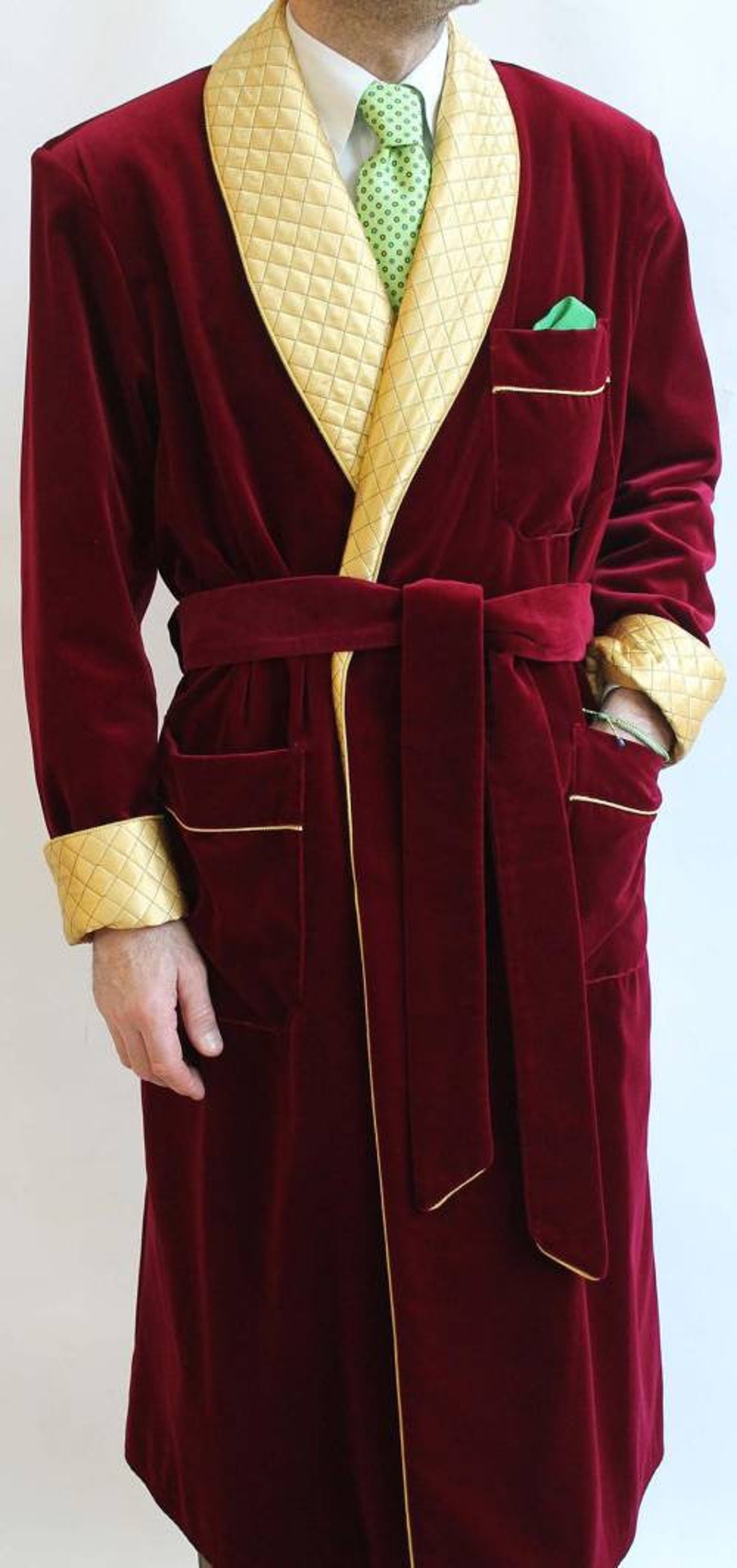 Men Maroon Smoking Gowns Robe Quilted Lapel Dinner Party Wear Long ...