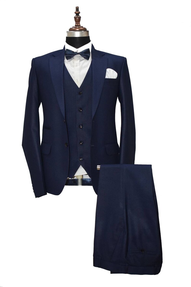 Man Blue Suits Wedding Grooms Dinner Party Wear Suits (coat+ Waistcoat+ ...