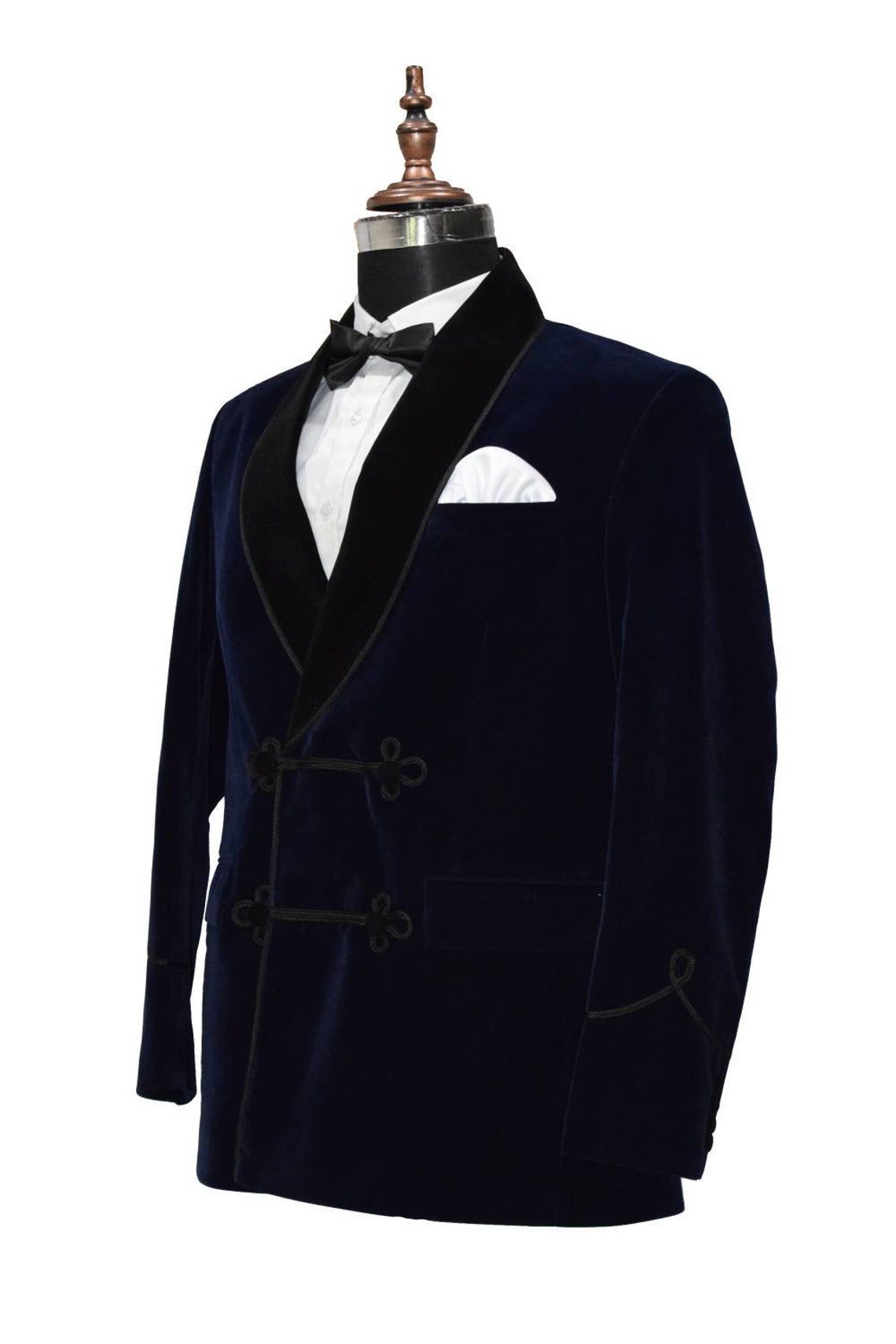 Navy Blue Smoking Jacket for Men Double Breasted Velvet Coats Blazers ...