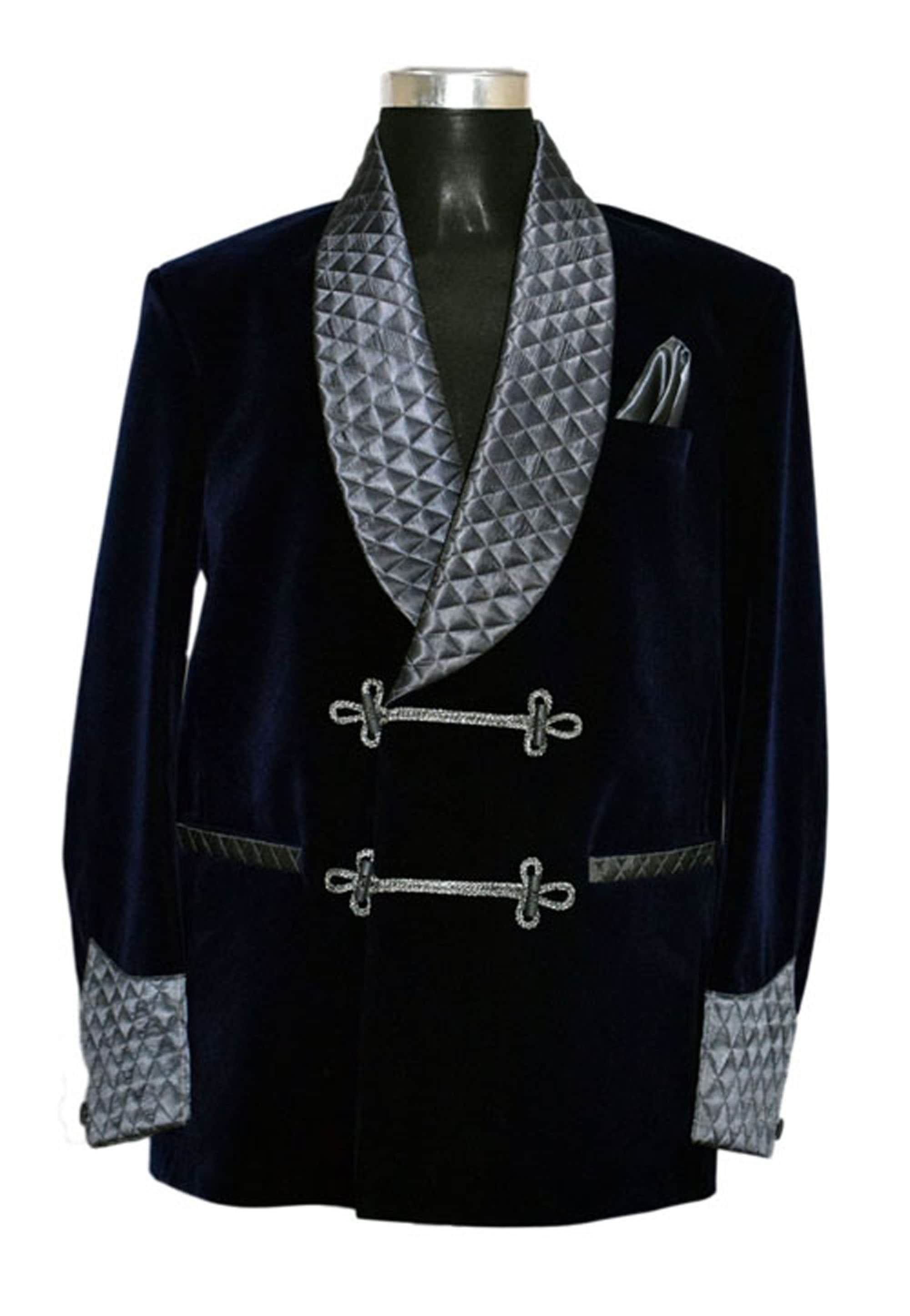 Men Navy Blue Smoking Jackets Quilted Lapel Dinner Party Wear Coat ...
